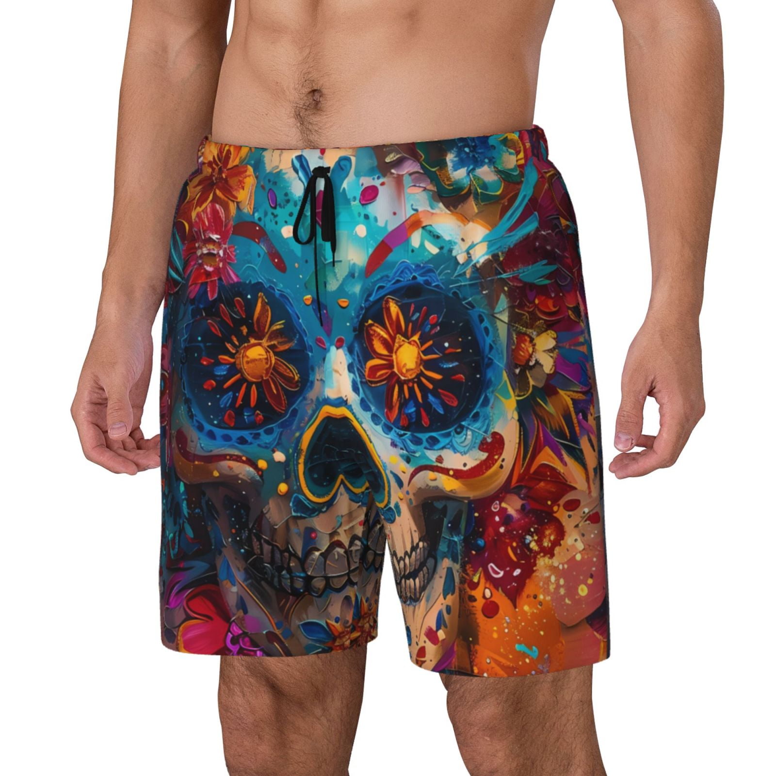 Cauagu Colorful Floral Skull A Print Mens Swim Trunks Quick Dry Board ...