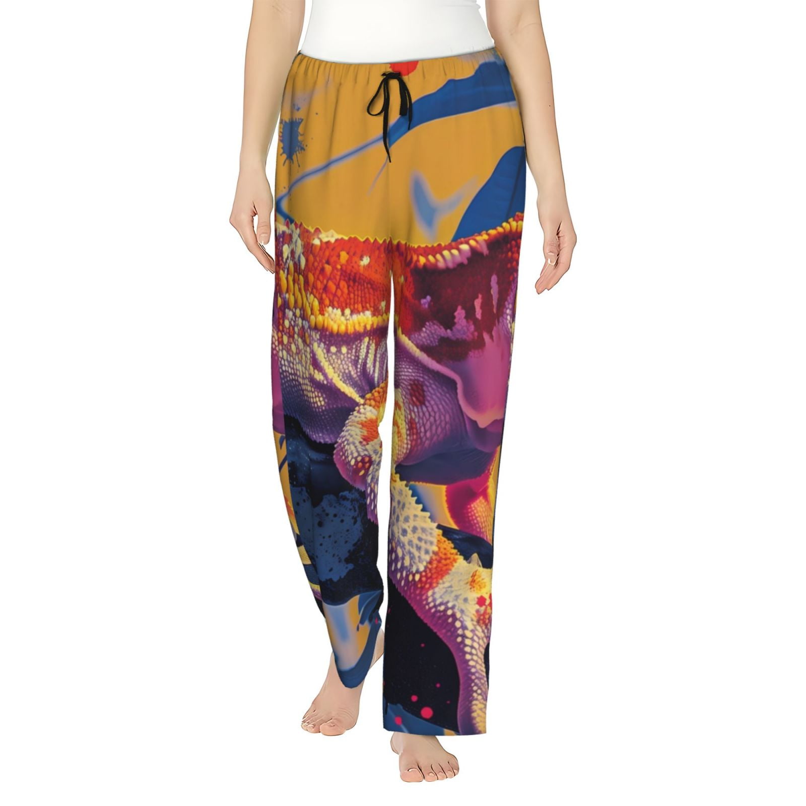 Cauagu Colorful Gecko Jungle Art Pajama Pants for Women Loose Fit Wide ...