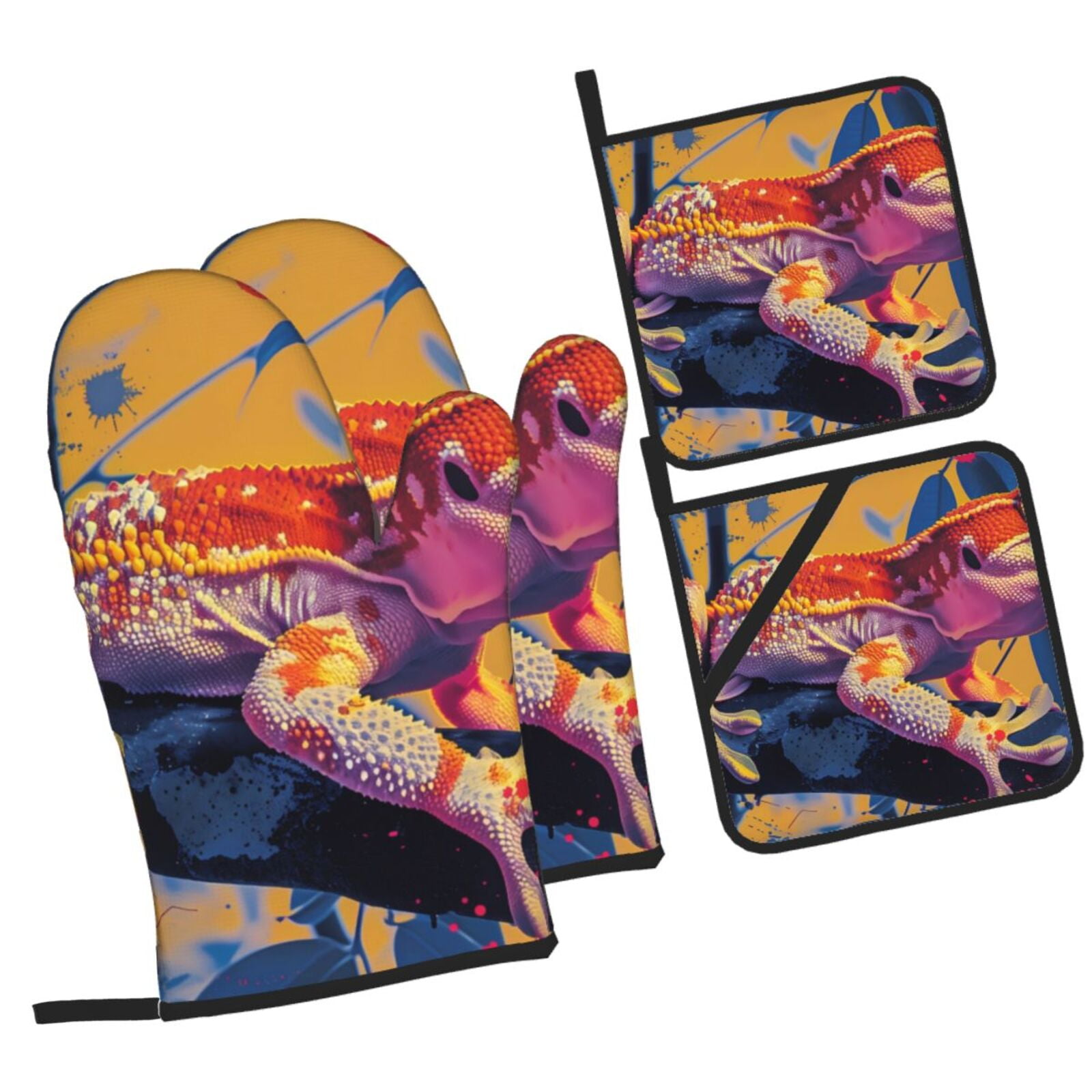 Cauagu Colorful Gecko Jungle Art Print Oven Mitts and Pot Holders 4 pcs ...