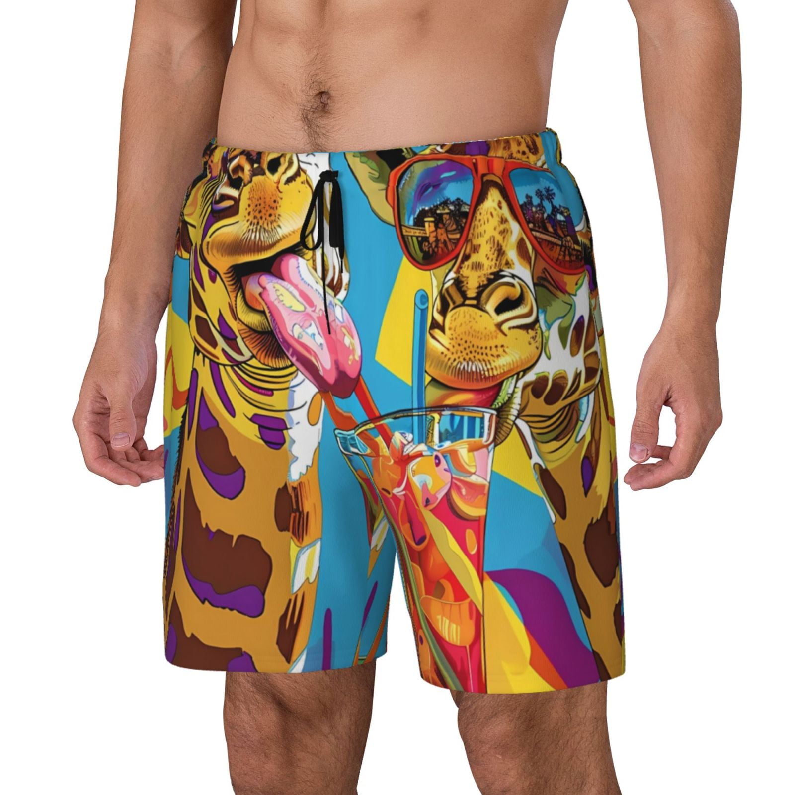 Cauagu Colorful Giraffes with Drinks Print Mens Swim Trunks Quick Dry ...