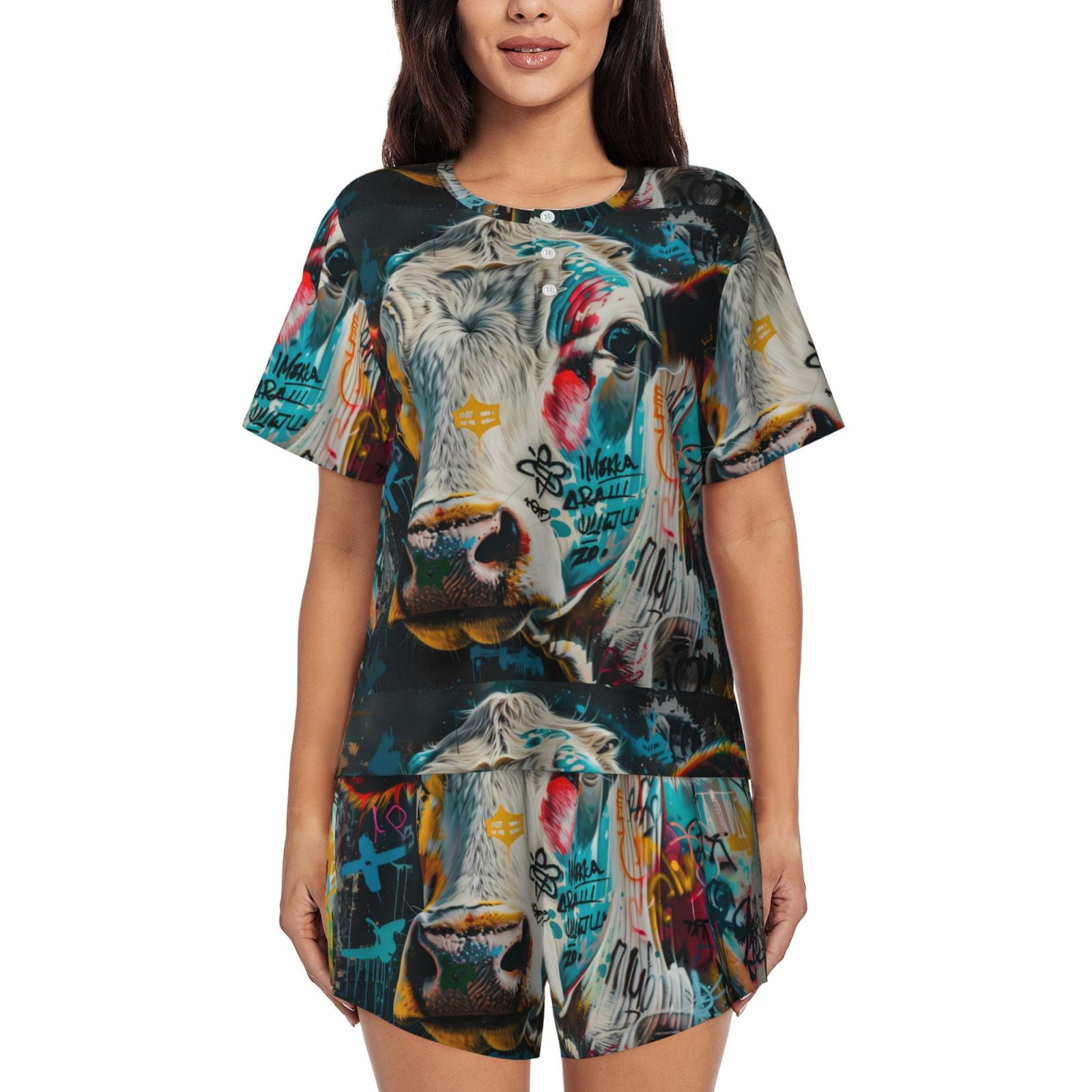 Cauagu Colorful Graffiti Cow for Women's Round Neck Pajama Set,Short ...