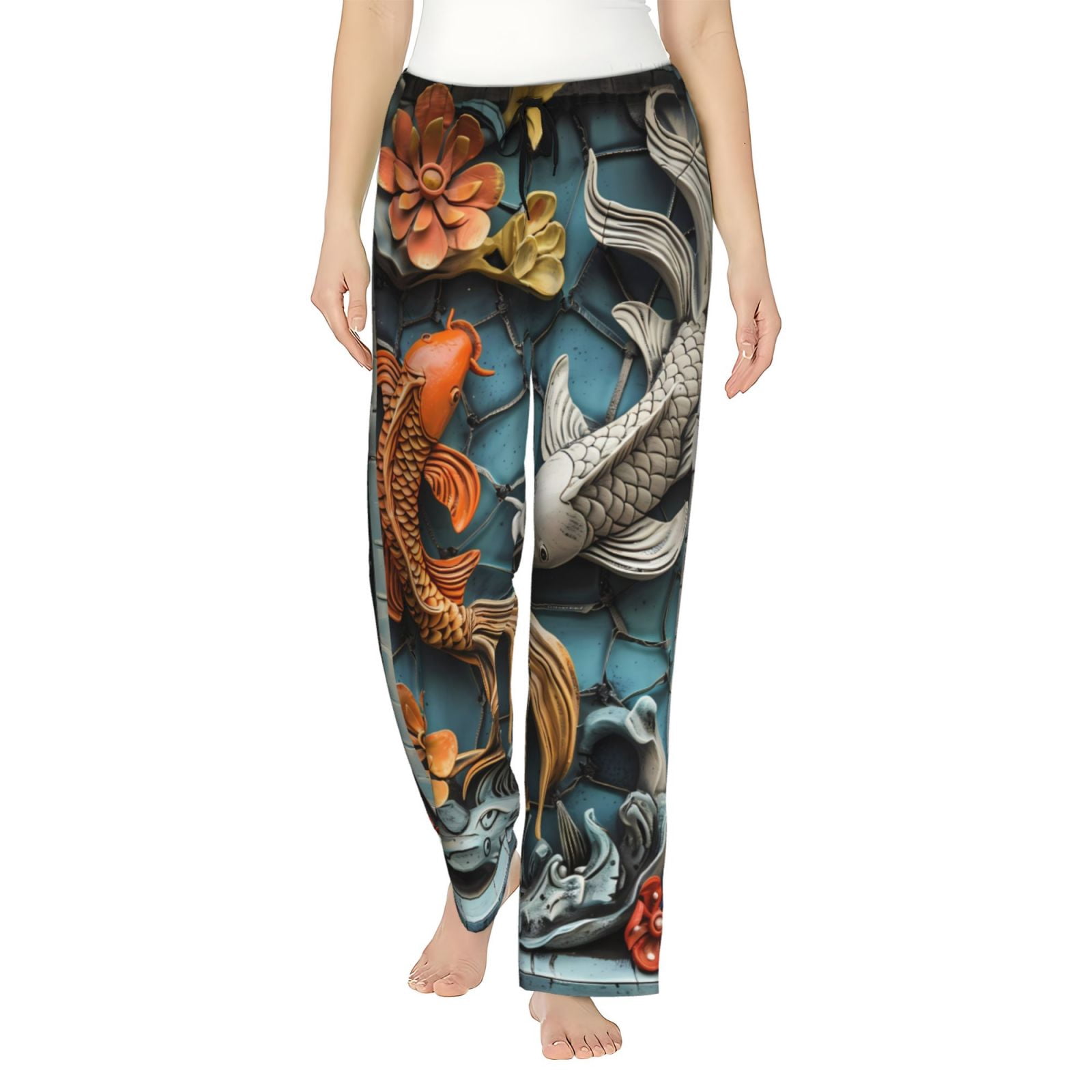 Cauagu Colorful Koi Fish Art Pajama Pants for Women Loose Fit Wide Leg ...