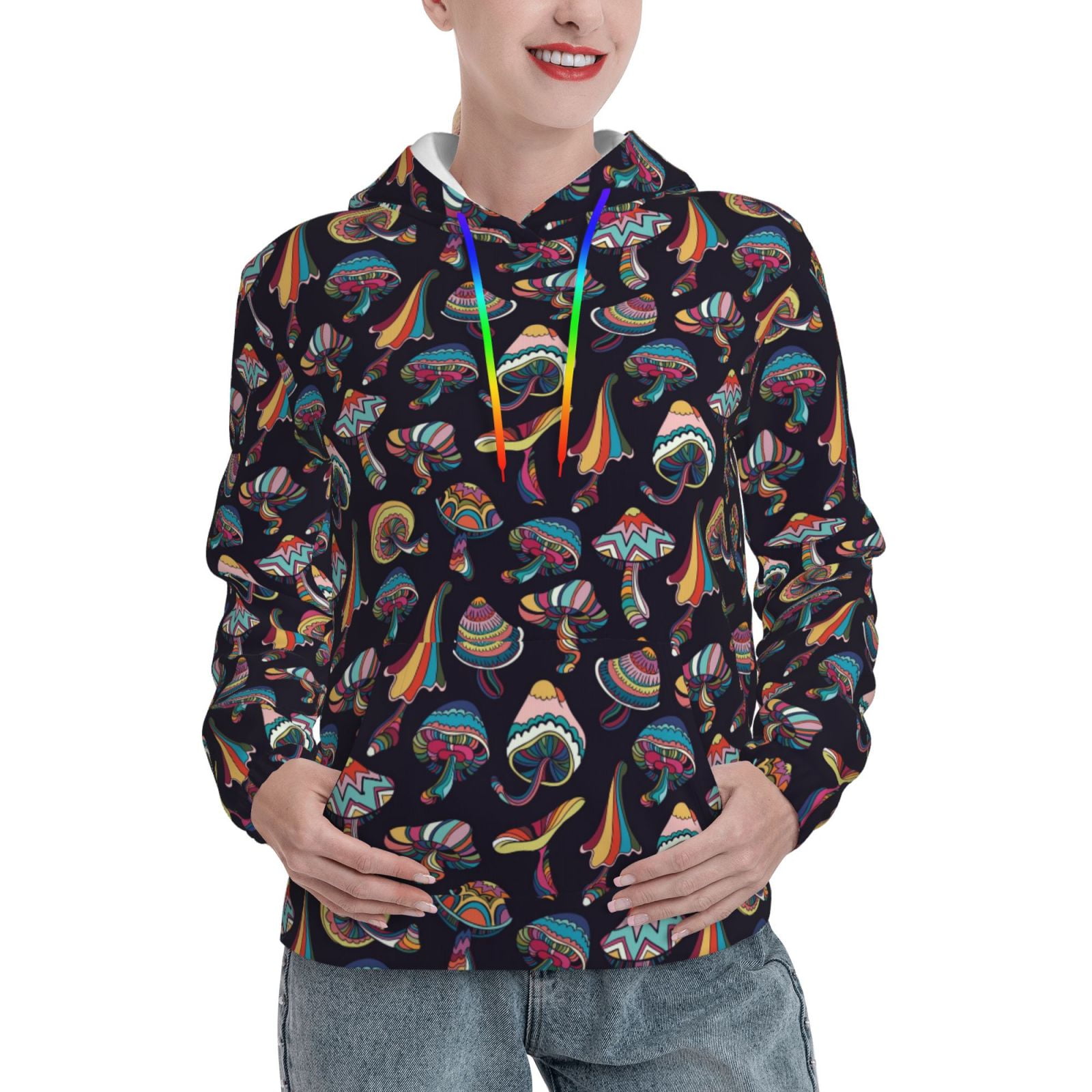 Cauagu Colorful Mushrooms in Doodle Style for Women's Hooded Sweatshirts Pullover Hoodie for ...