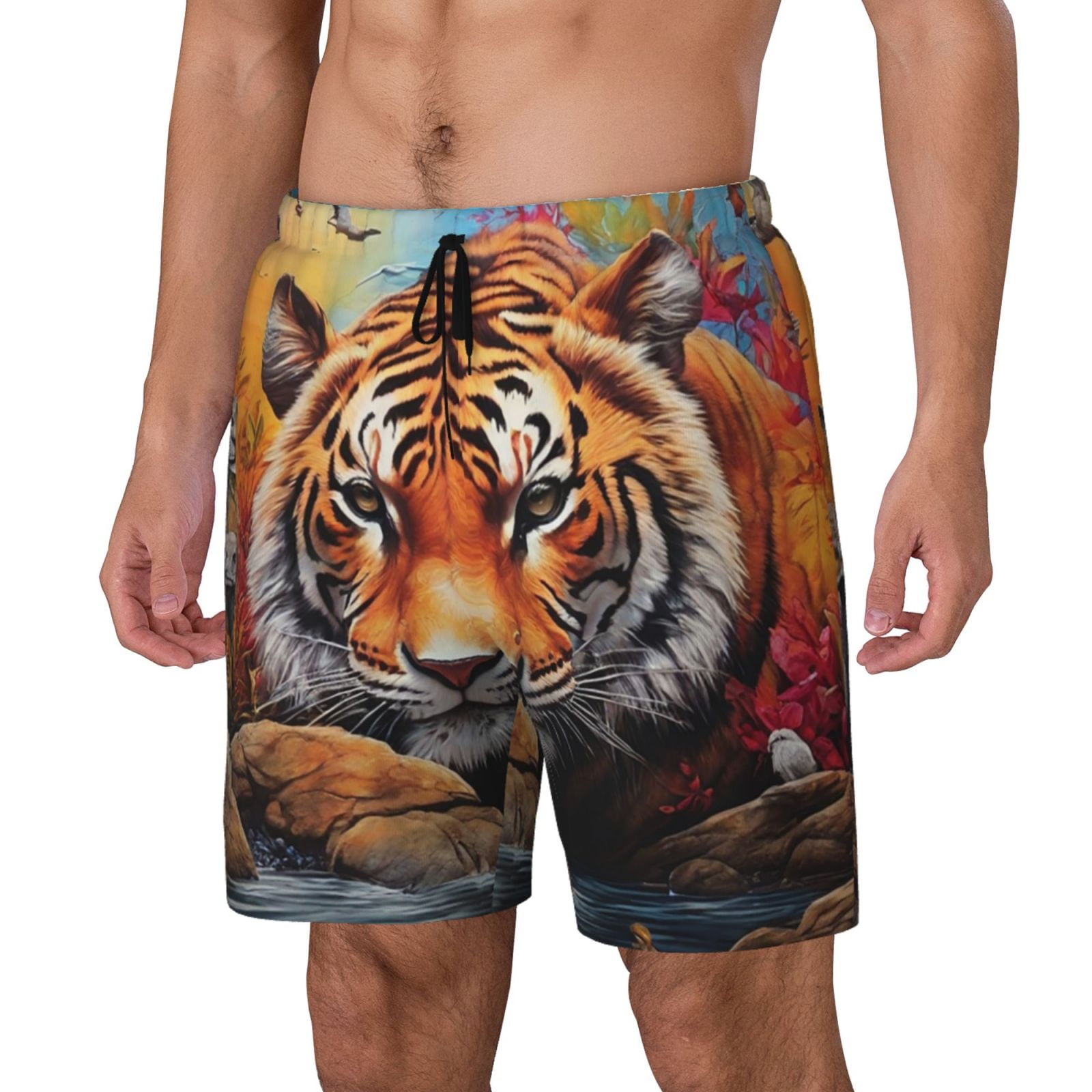 Cauagu Colorful Plant Tiger Print Mens Swim Trunks Quick Dry Board ...