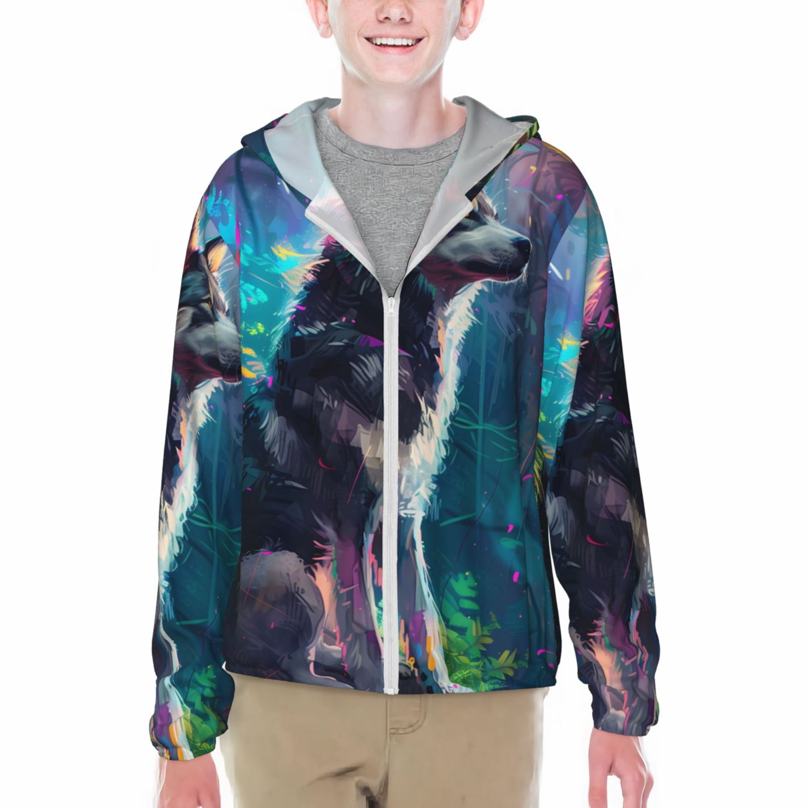 Cauagu Colorful Plant Wolf Print Sun Protection Jacket for Teen,Full ...