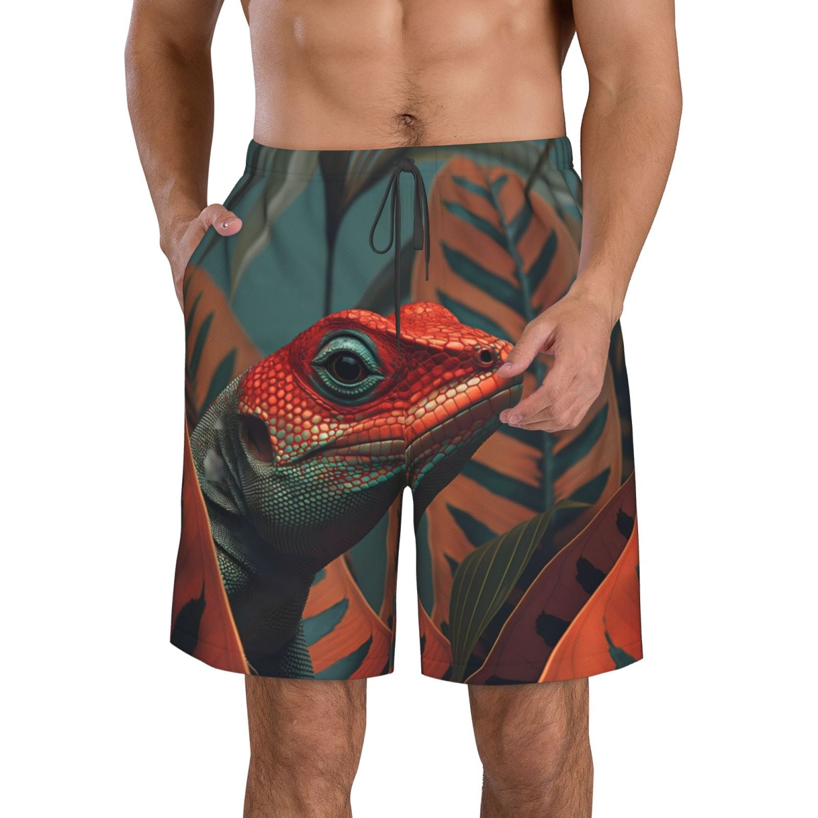 Cauagu Colorful Reptile And Leaves Print Men's Swim Trunks,Hawaiian ...