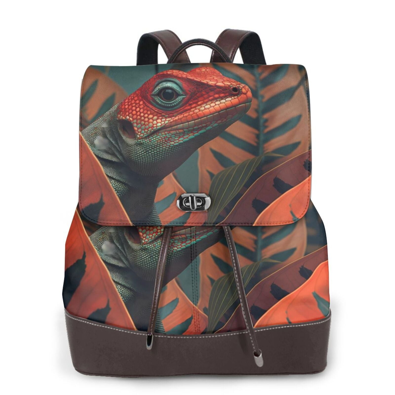 Cauagu Colorful Reptile And Leaves Print Women's PU Leather Backpack ...