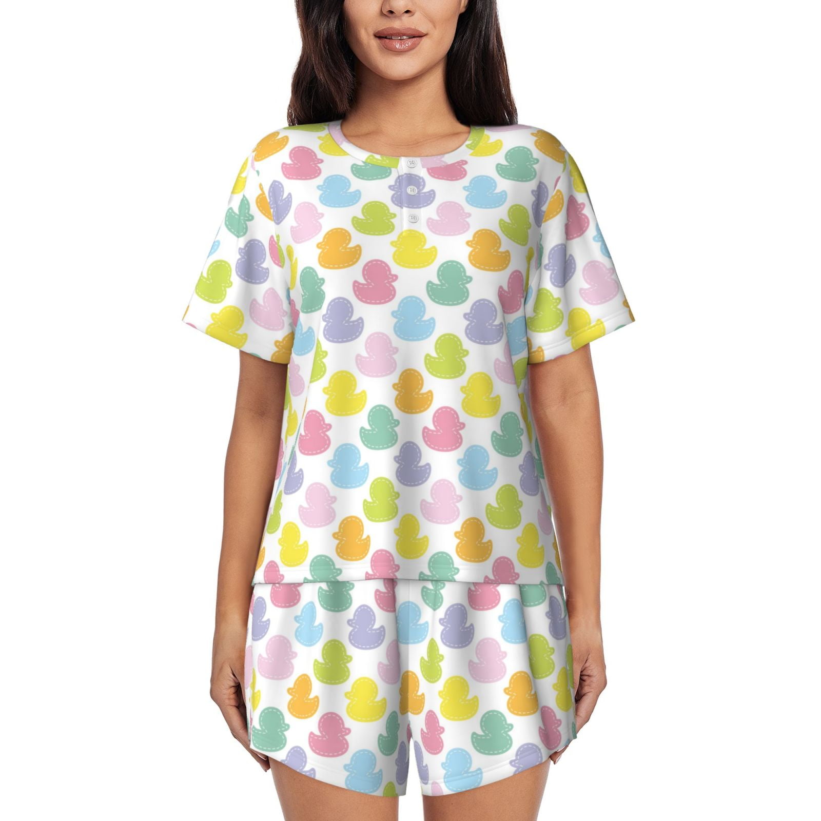 Cauagu Colorful Rubber Duck for Women's Round Neck Pajama Set,Short-Sleeved Pajamas Soft ...