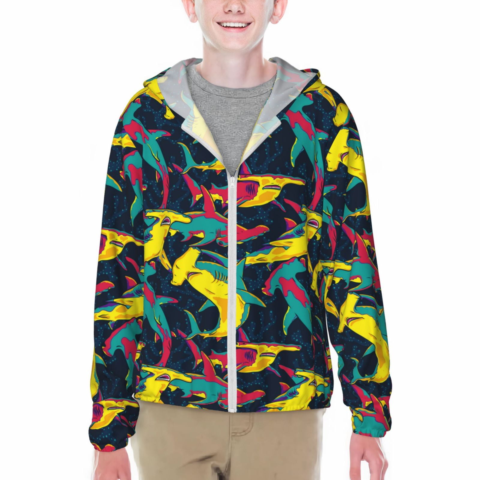 Cauagu Colorful Sharks Print Sun Protection Jacket for Teen,Full-Zipper Long Sleeve Sun Shirts ...
