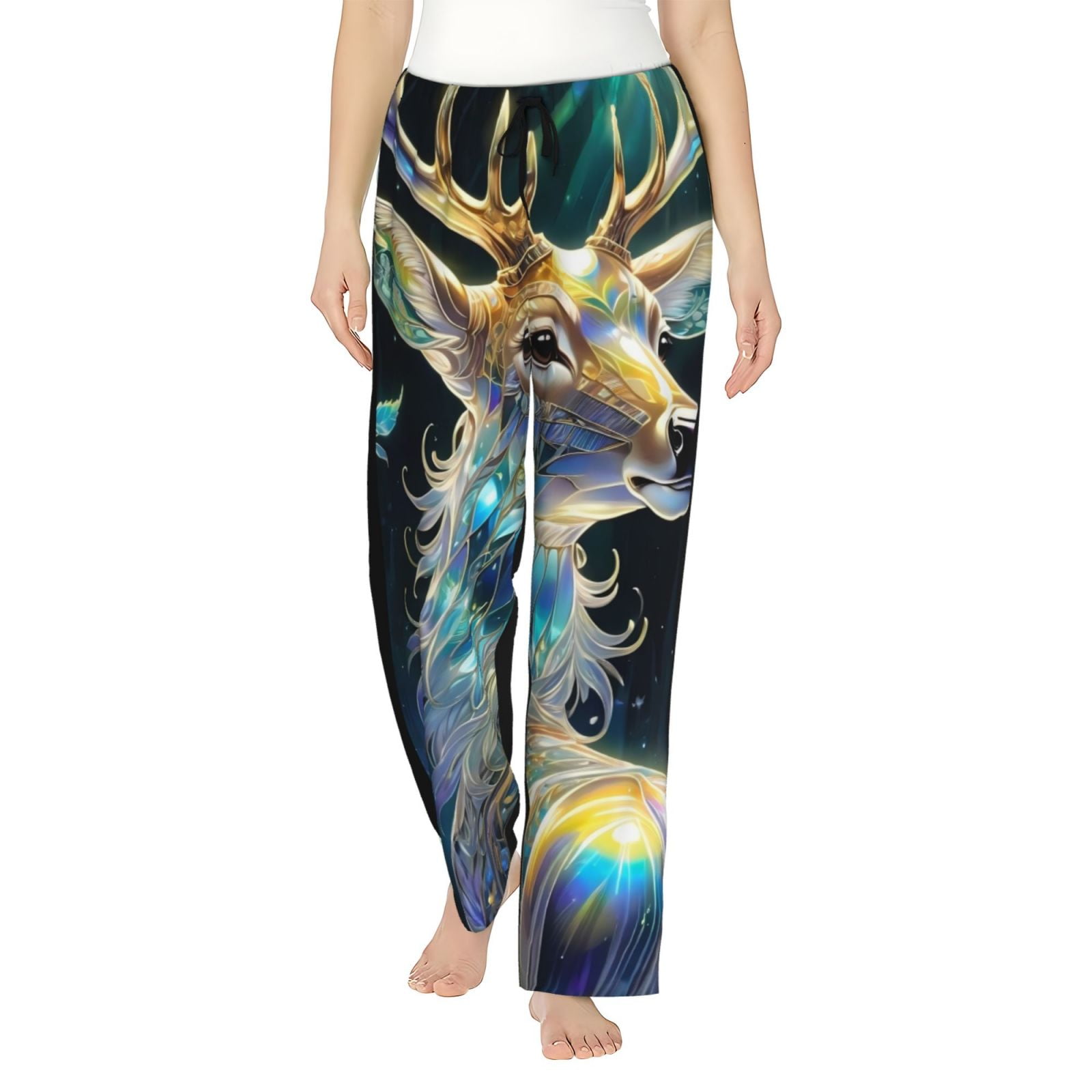 Cauagu Colorful Stained Glass Deer Pajama Pants for Women Loose Fit ...