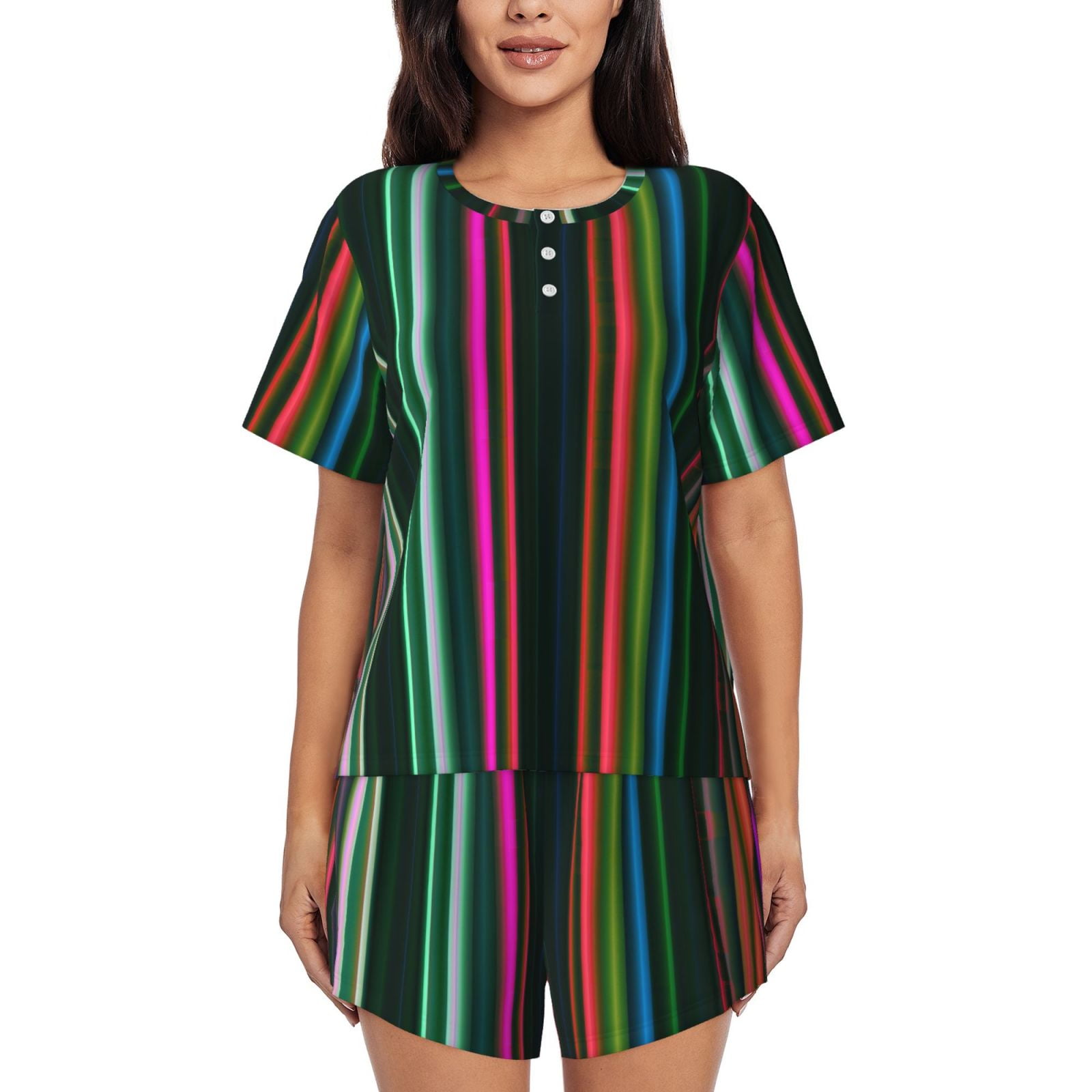 Cauagu Colorful Stripes for Women's Round Neck Pajama Set,Short-Sleeved ...