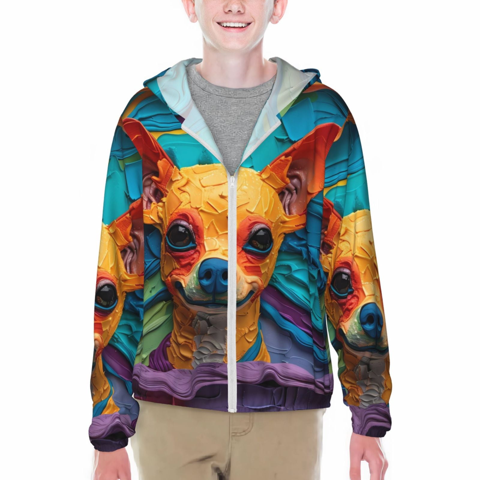Cauagu Colorful Textured Chihuahua Print Sun Protection Jacket for Teen,Full-Zipper Long Sleeve ...