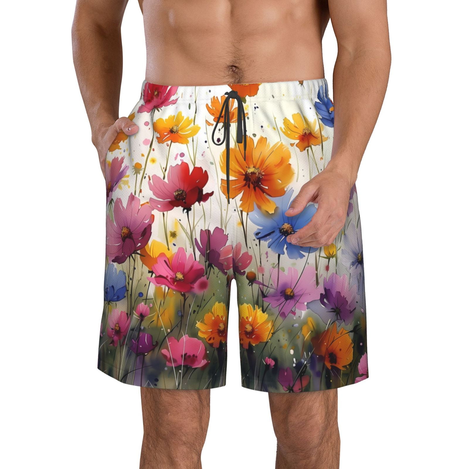 Cauagu Colorful Wildflower Meadow Print Men's Swim Trunks,Hawaiian ...