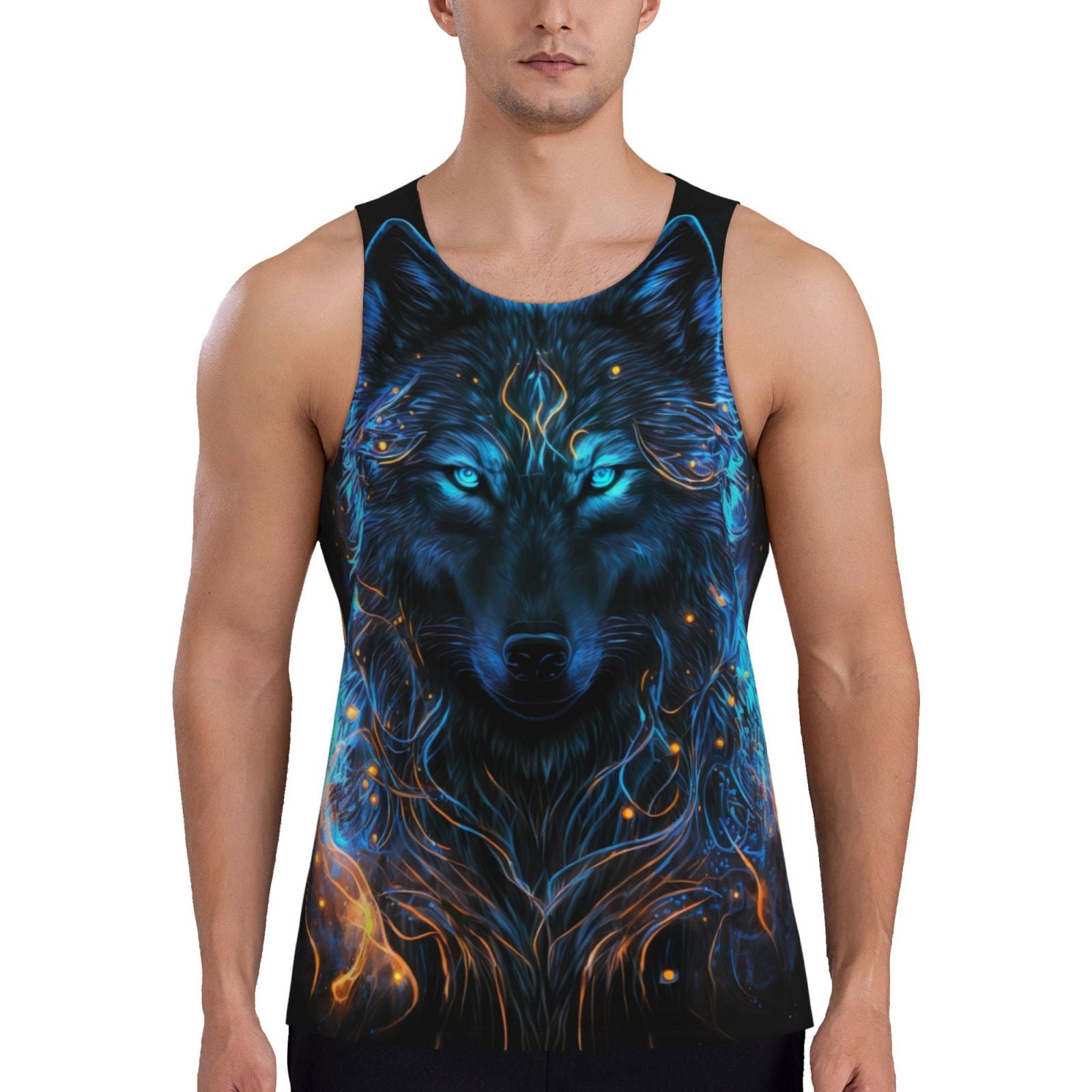 Cauagu Cool Blue Light Wolf Print Men's Sleeveless Muscle Shirts,Tank ...