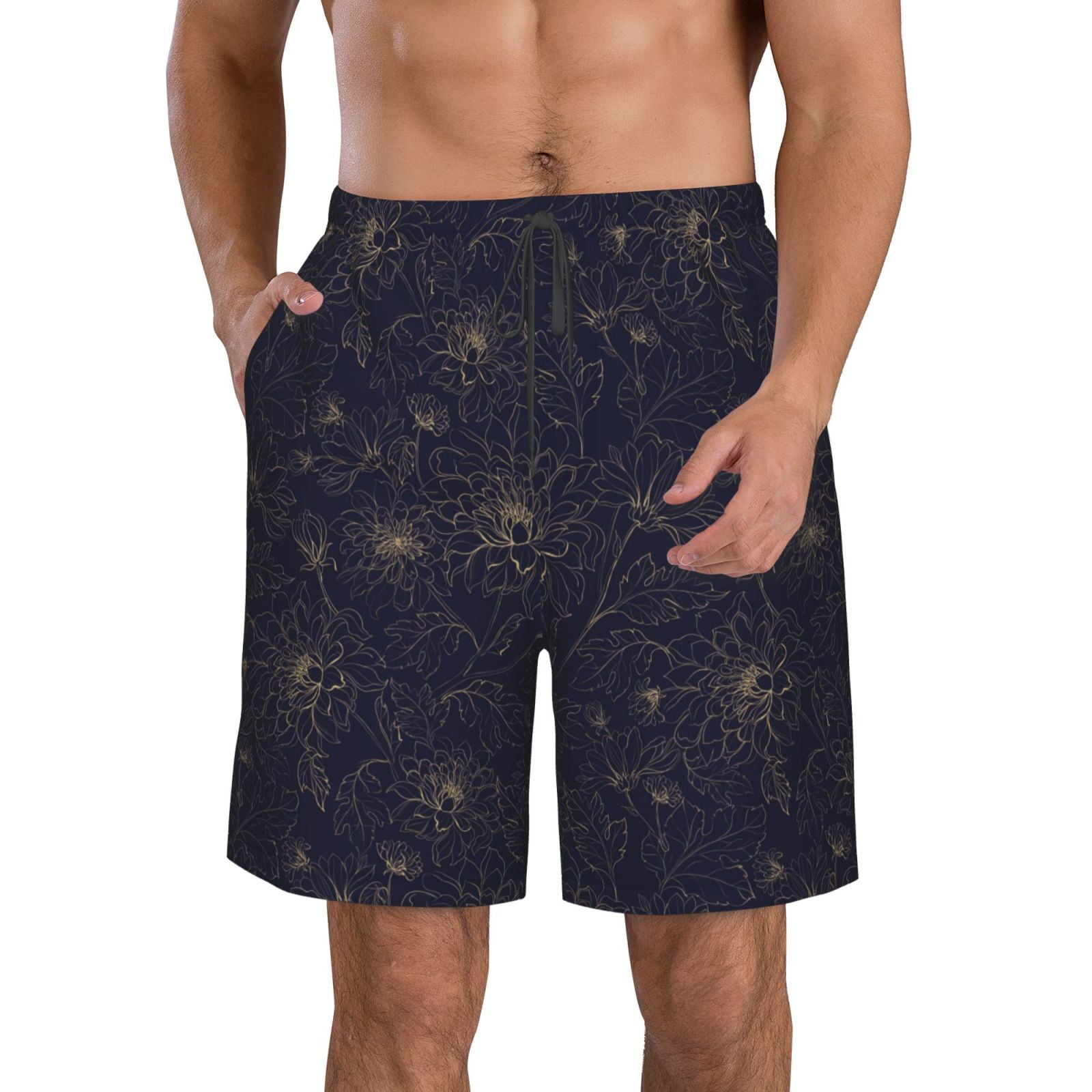 Cauagu Copper-Gold Gloss Outline Chrysanthemum Print Men's Swim Trunks ...