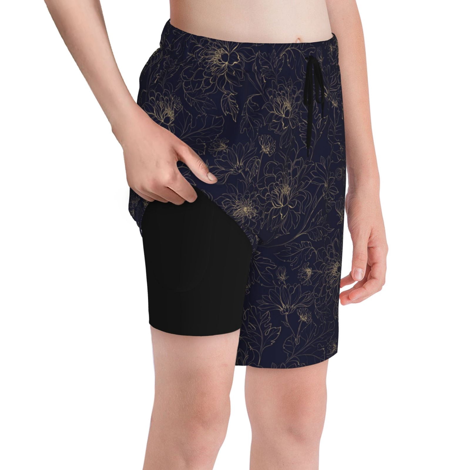 Cauagu Copper-Gold Gloss Outline Chrysanthemum Print Swim Trunks for ...