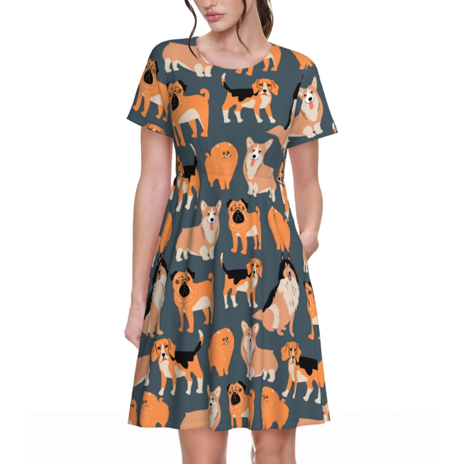 Cauagu Corgi Collie Pug Print Summer Dresses for Women 2025 Loose Short ...