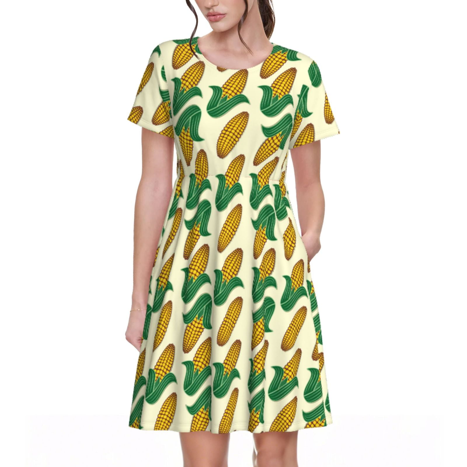 Cauagu Corn Print Summer Dresses for Women 2025 Loose Short Sleeve ...