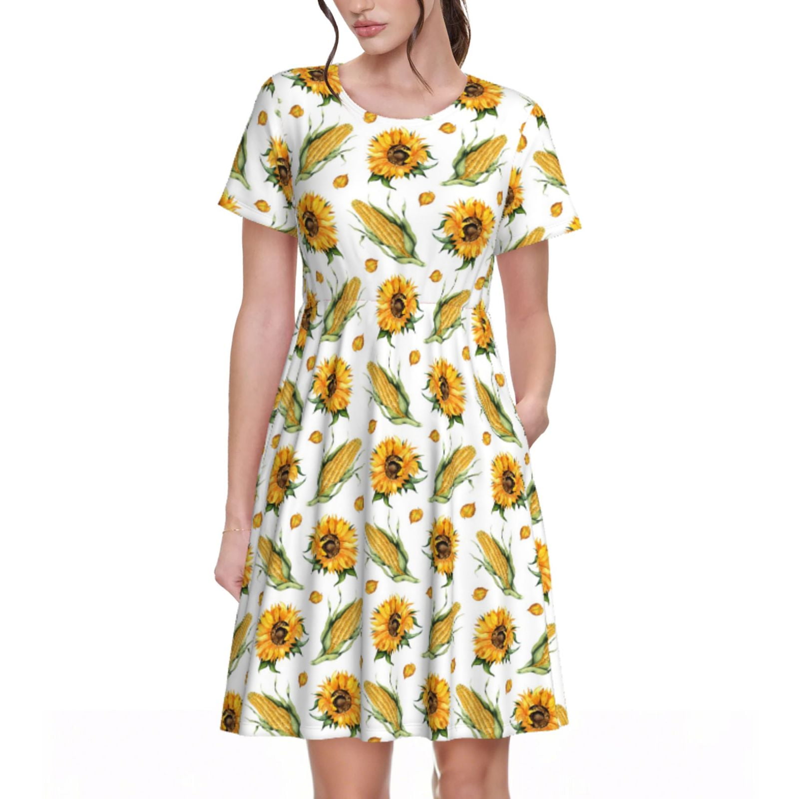 Cauagu Corn Sunflowers Print Summer Dresses for Women 2025 Loose Short ...
