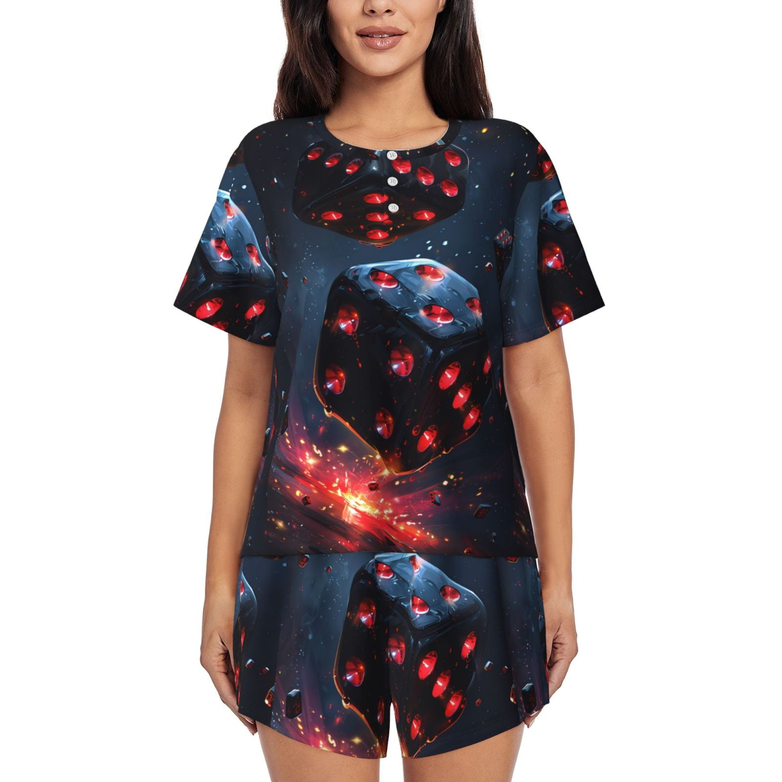 Cauagu Cosmic Red Sparkle Dice for Women's Round Neck Pajama Set,Short ...