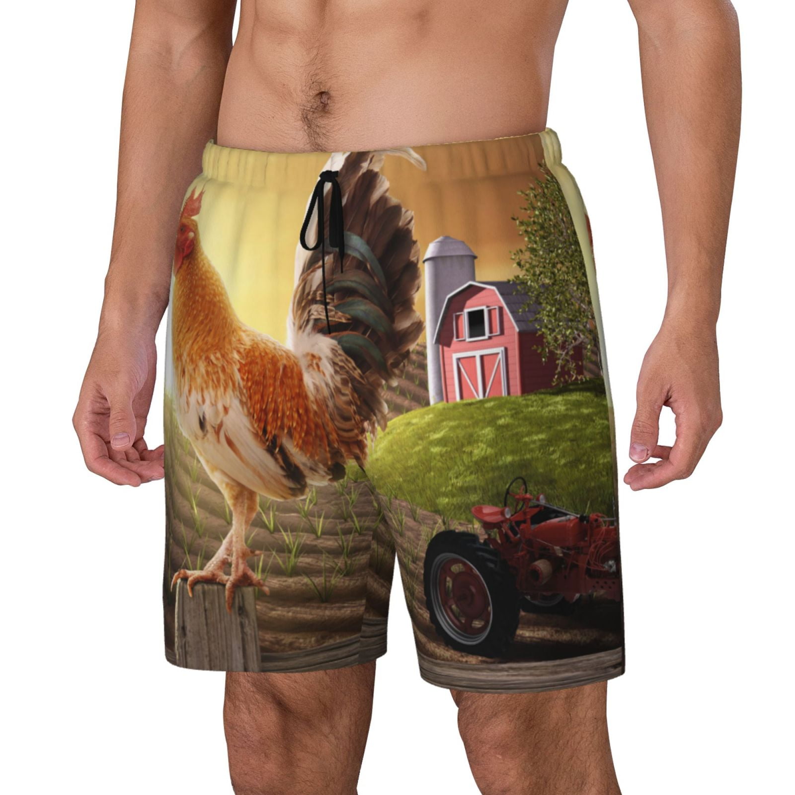 Cauagu Country Farm Morning Rooster Print Mens Swim Trunks Quick Dry ...