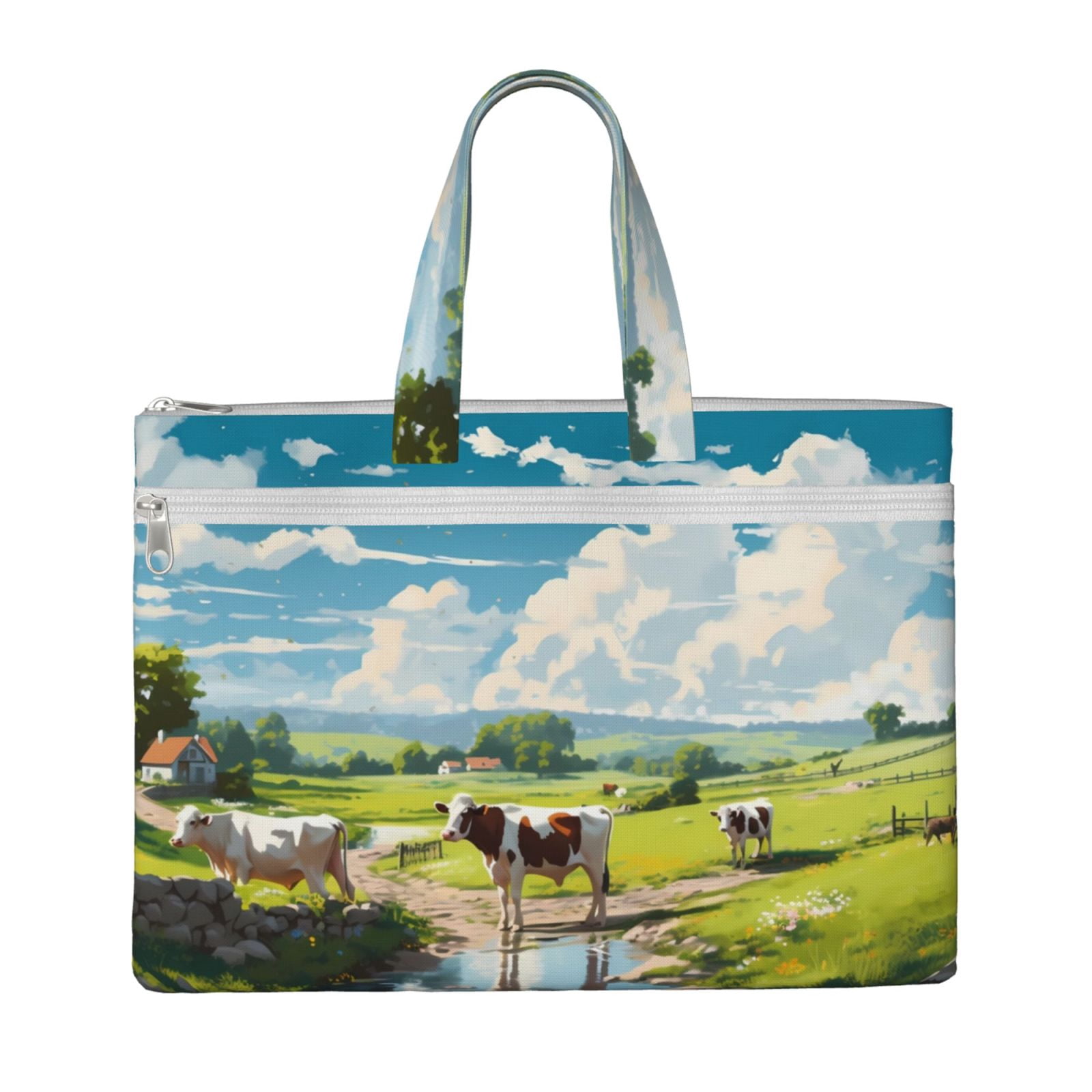 Cauagu Countryside Farm Cow Pattern Canvas Tote File Bag, Zipper Tote ...