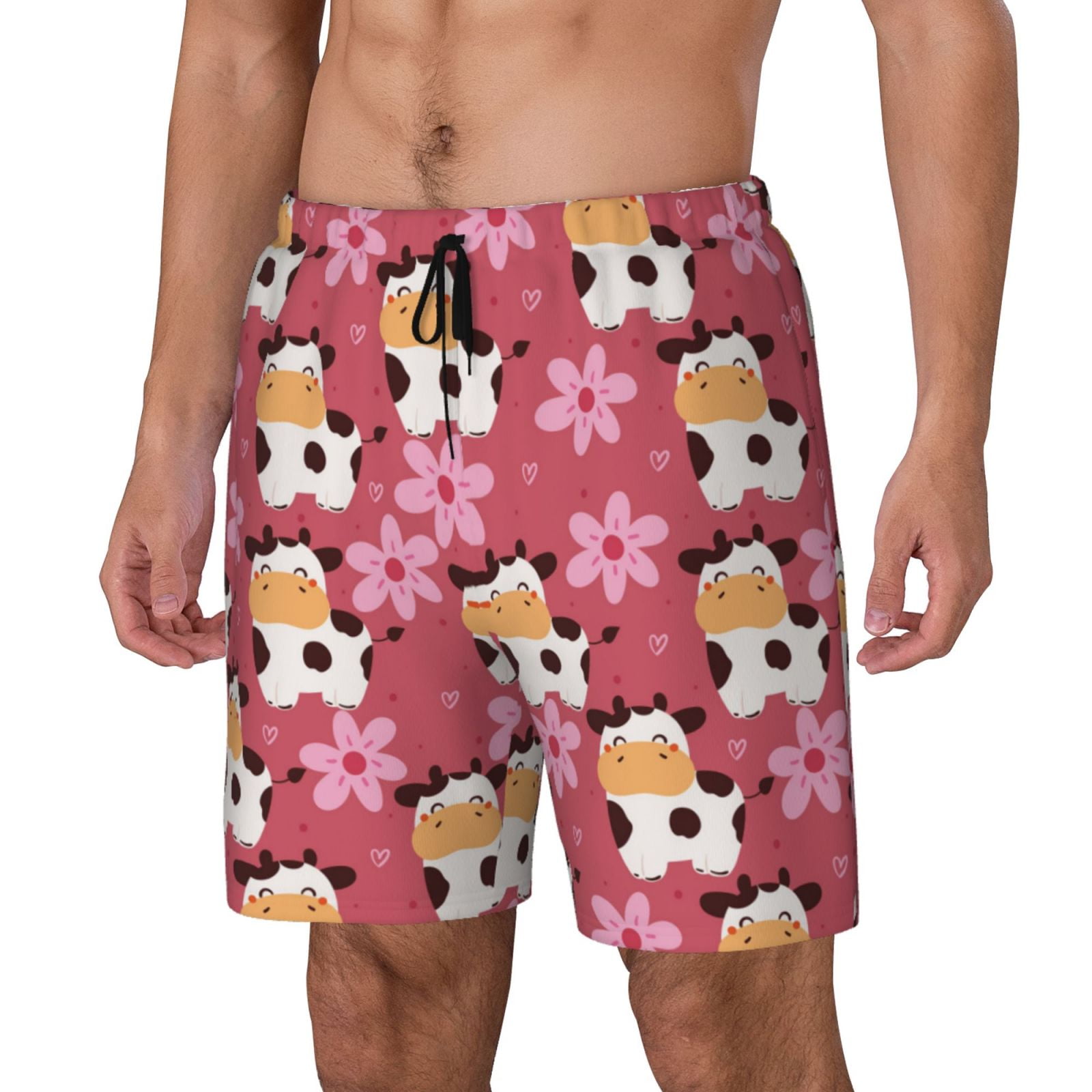 Cauagu Cow And Flower Print Mens Swim Trunks Quick Dry Board Shorts ...