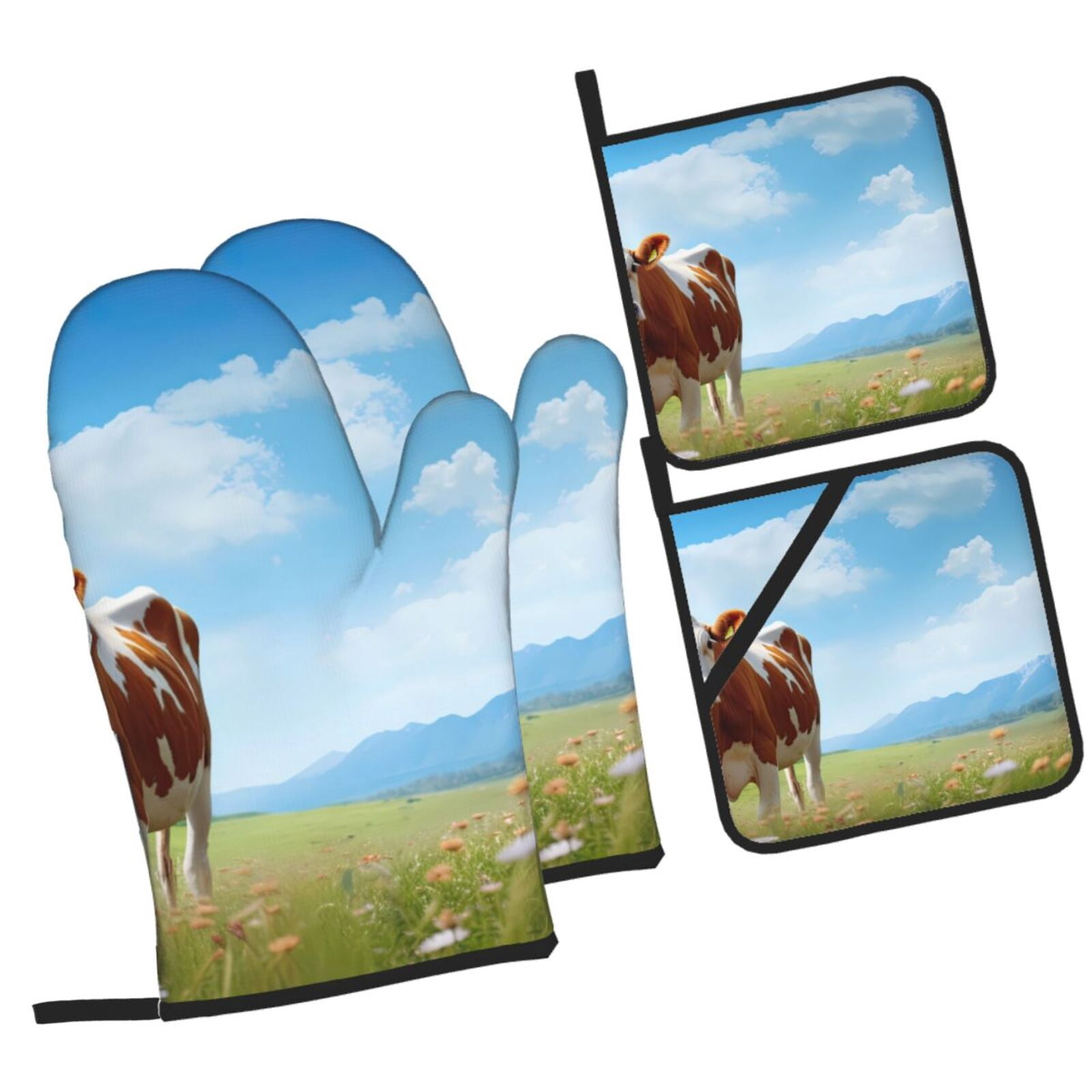 Cauagu Cow Grazing Nature Print Oven Mitts and Pot Holders 4 pcs Set ...