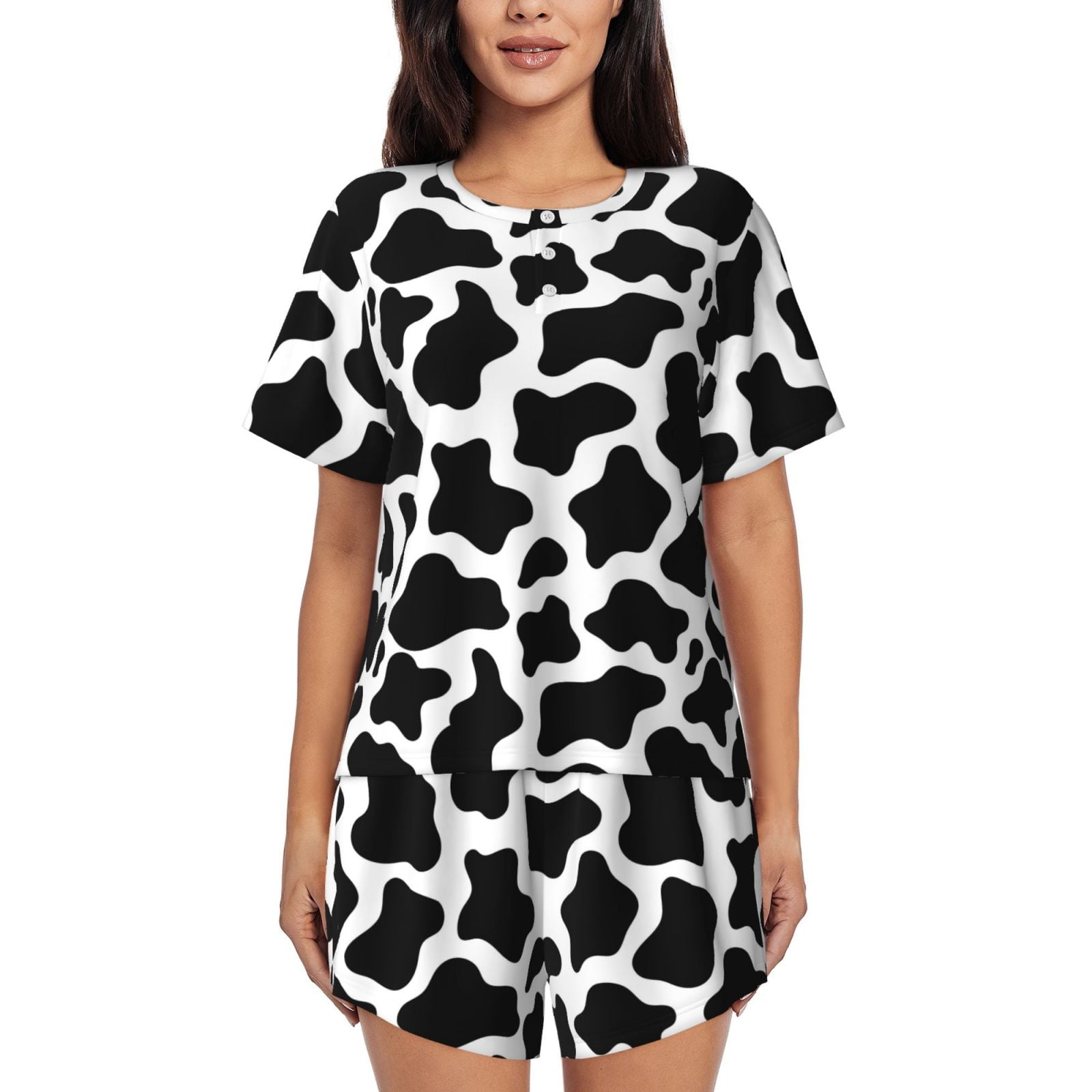 Cauagu Cow Print Black White for Women's Round Neck Pajama Set,Short ...