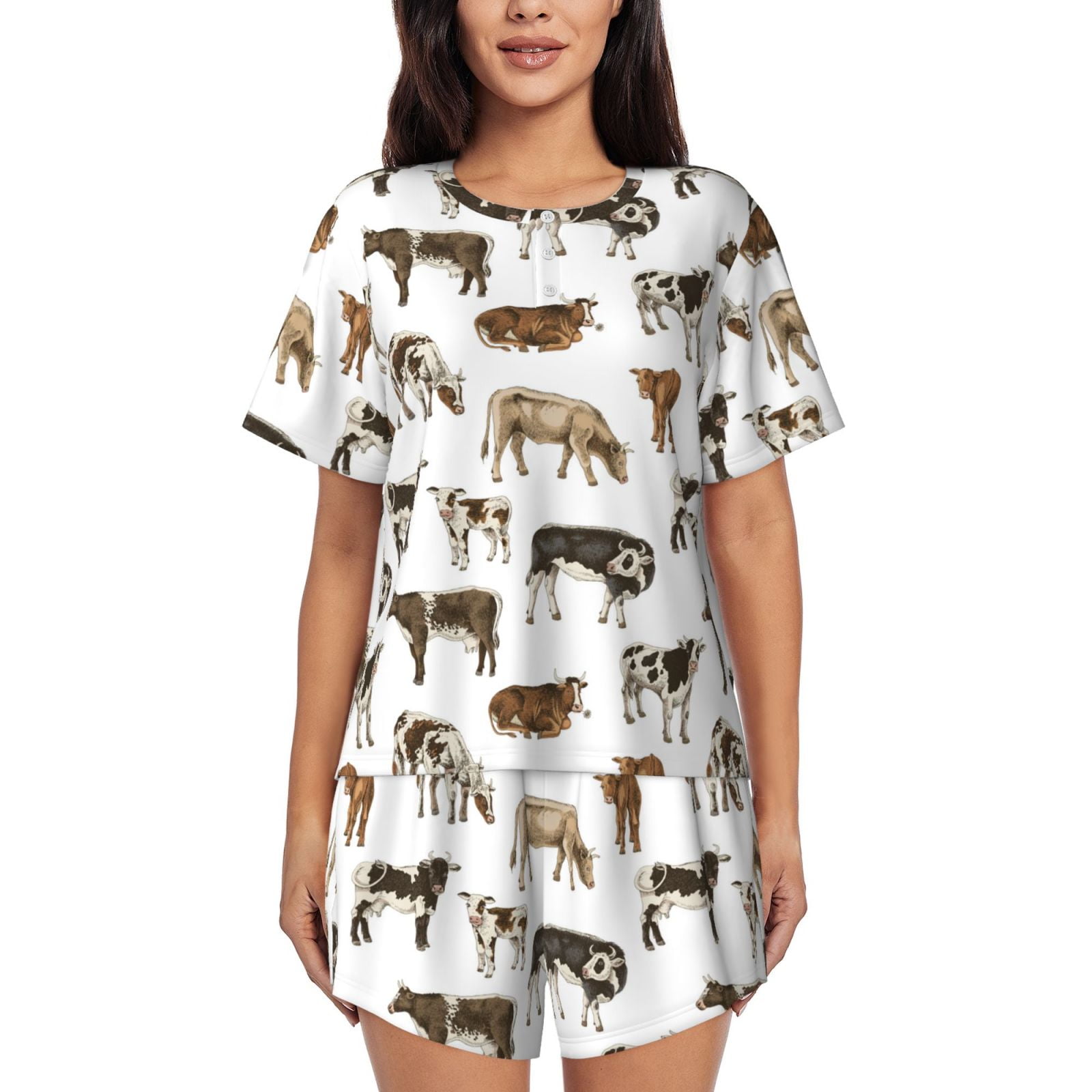 Cauagu Cow for Women's Round Neck Pajama Set,Short-Sleeved Pajamas Soft ...
