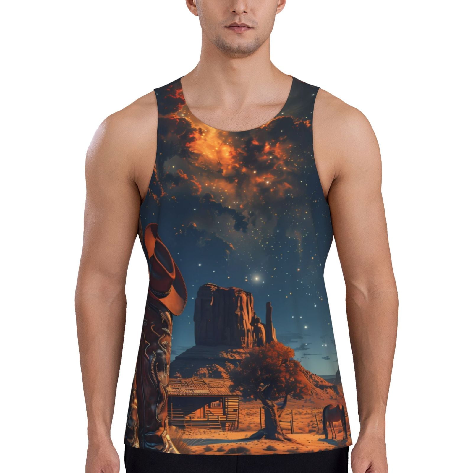 Cauagu Cowboy Boots Under Starry Sky Print Men's Sleeveless Muscle ...