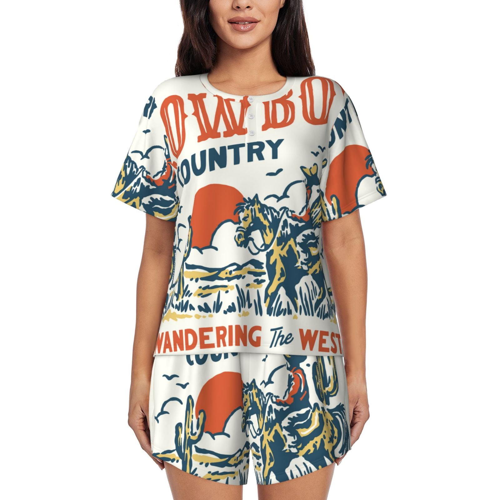 Cauagu Cowboy Rising Horse for Women's Round Neck Pajama Set,Short ...