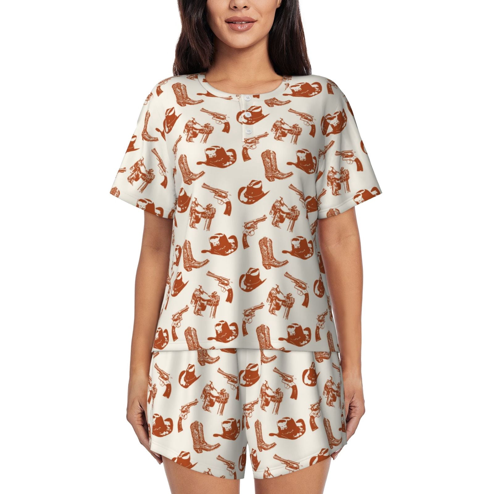 Cauagu Cowboy Western for Women's Round Neck Pajama Set,Short-Sleeved ...