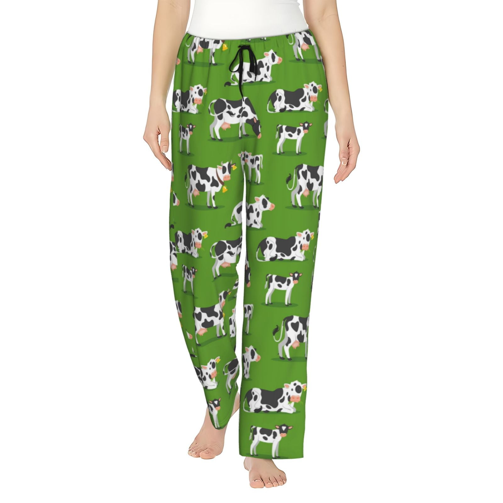 Cauagu Cows With Calfs Green Pajama Pants for Women Loose Fit Wide Leg ...