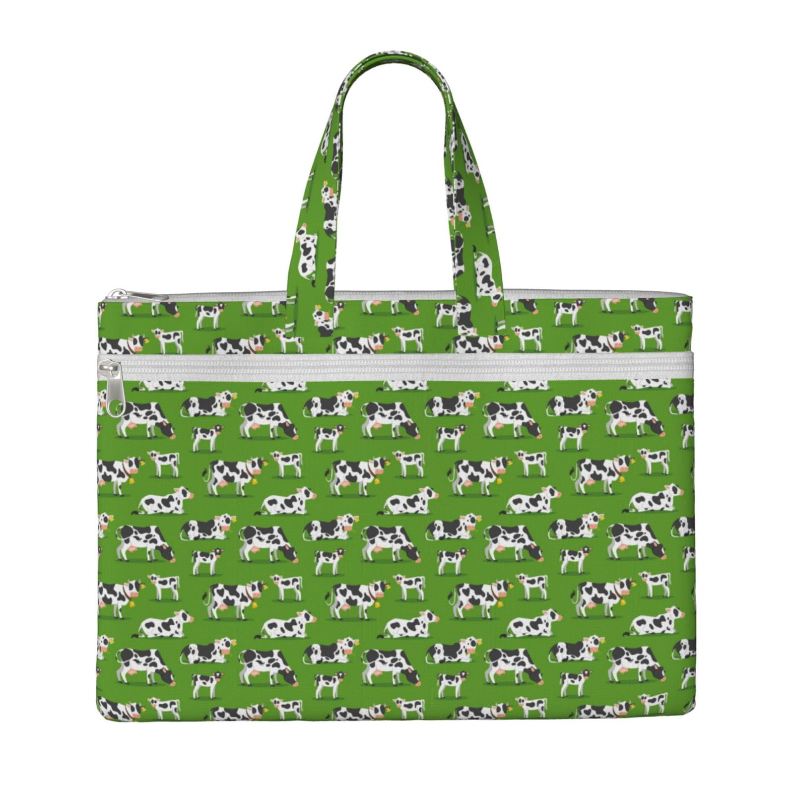Cauagu Cows With Calfs Green Pattern Canvas Tote File Bag, Zipper Tote ...