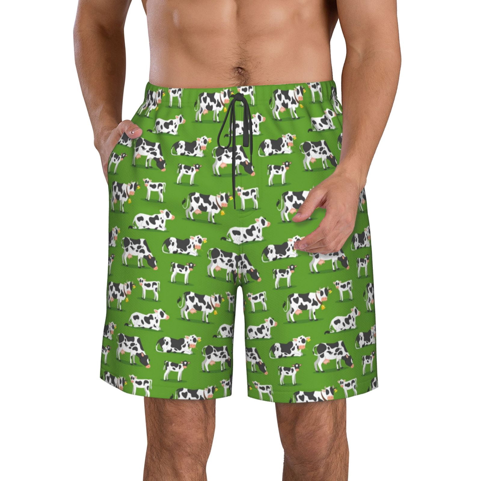 Cauagu Cows With Calfs Green Print Men's Swim Trunks,Hawaiian Bathing ...