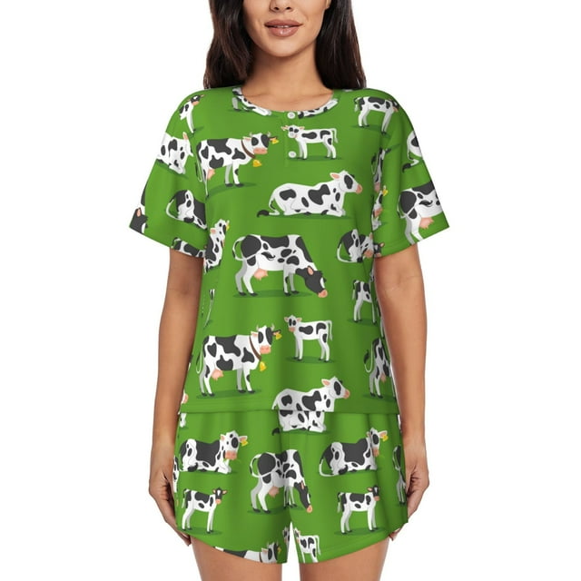 Cauagu Cows With Calfs Green for Women's Round Neck Pajama Set,Short ...