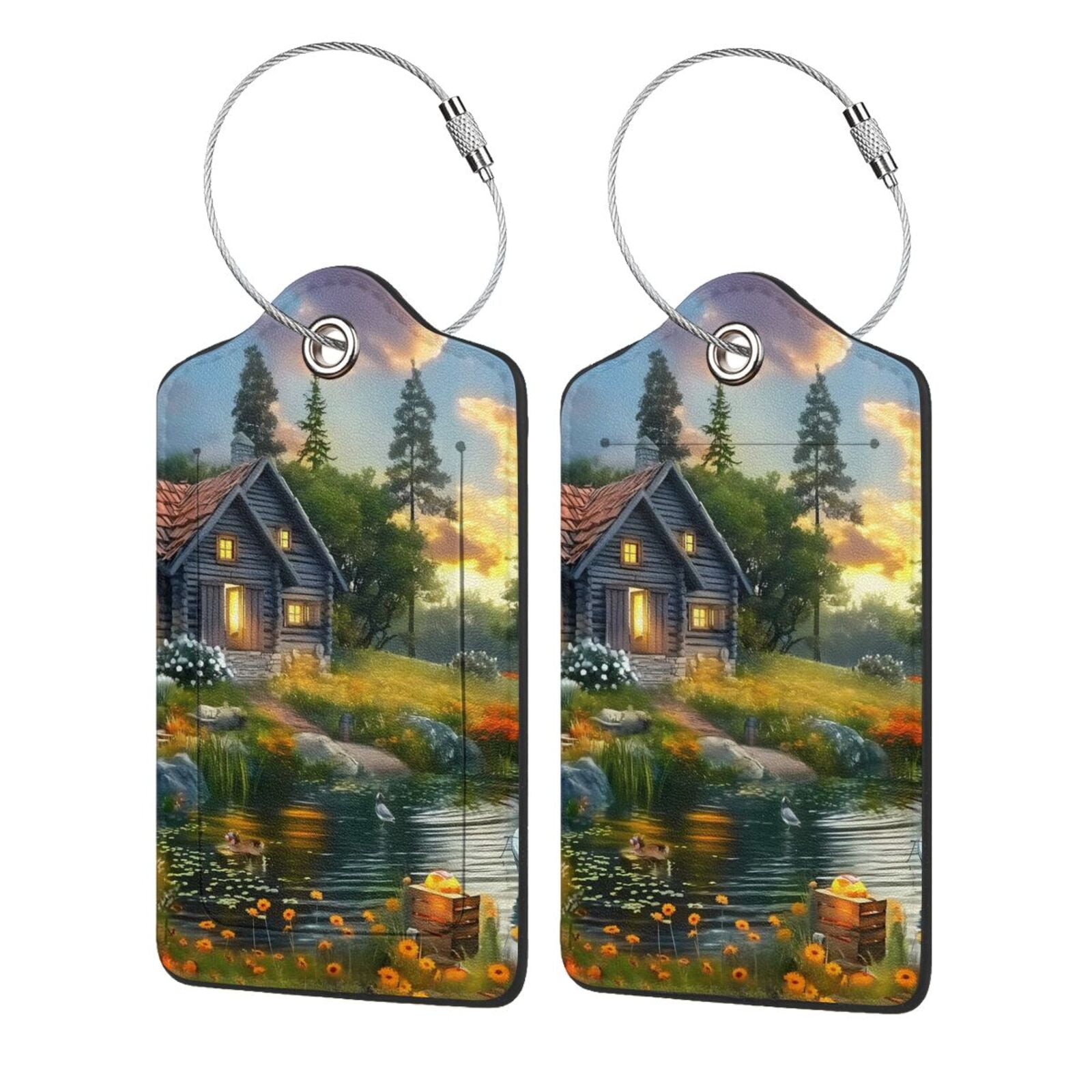 Cauagu Cozy Cottage Lakeside Sunset Pattern Luggage Tags,Leather ...