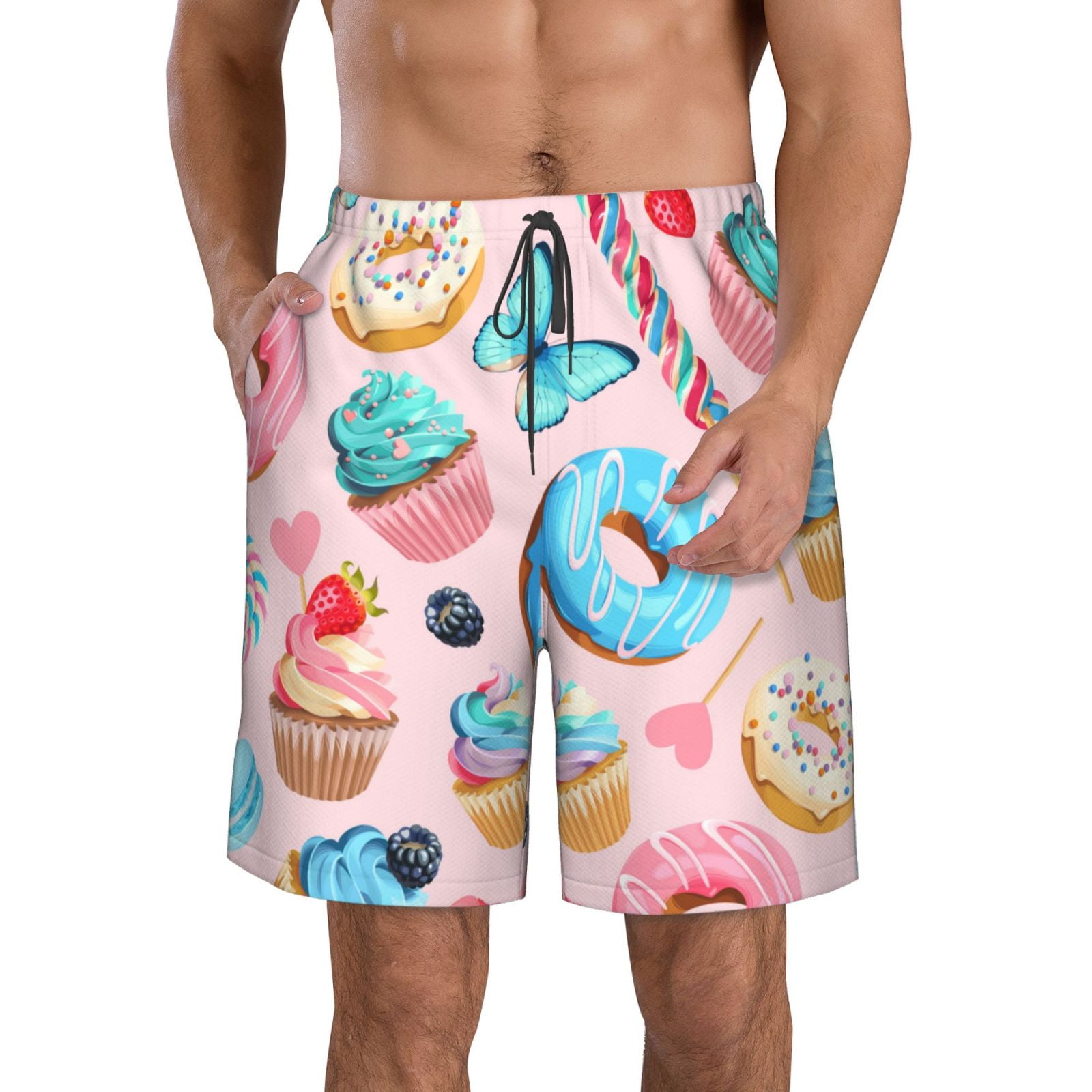 Cauagu Cupcakes and Donuts Print Men's Swim Trunks,Hawaiian Bathing ...