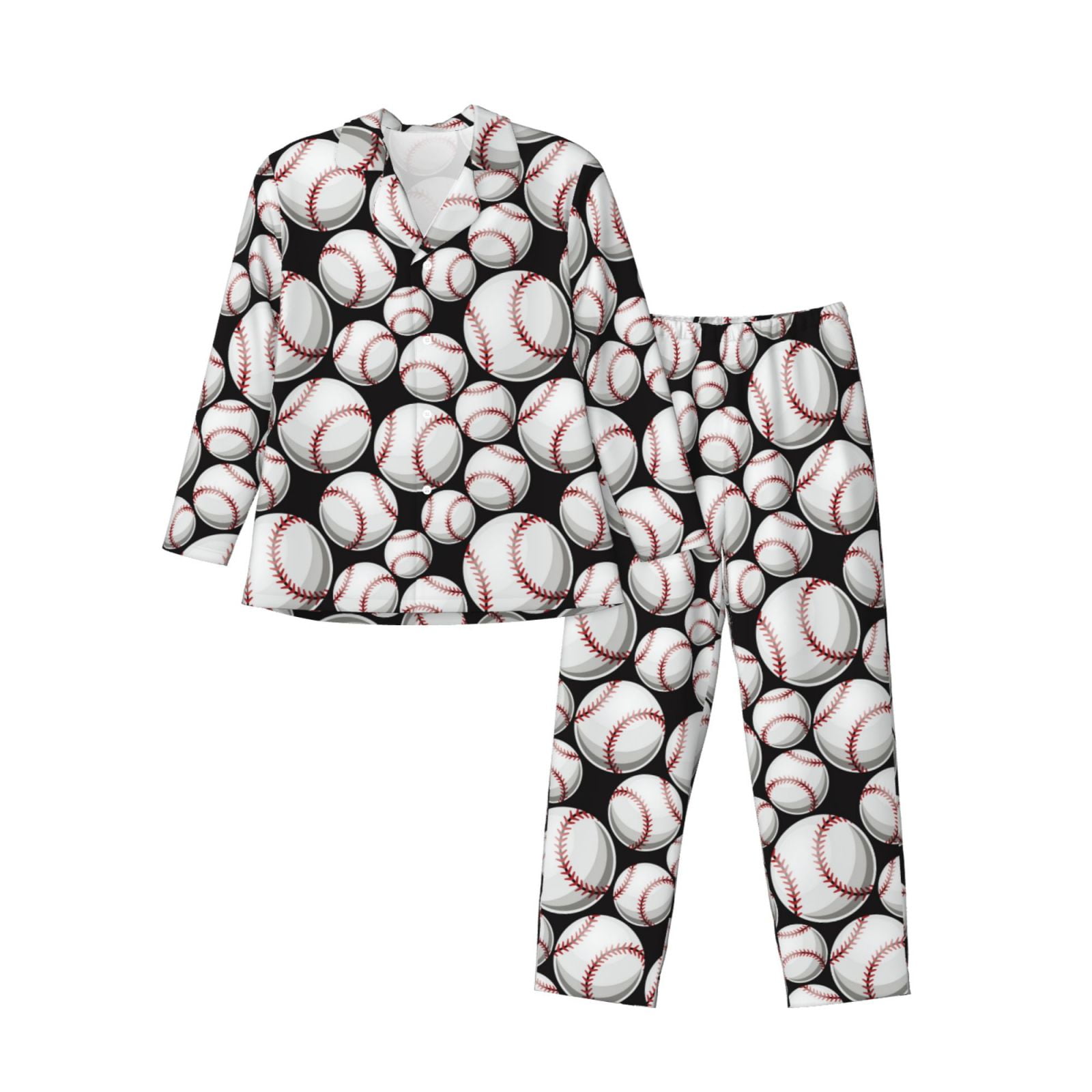 Cauagu Cute Baseball Print Men's Long-Sleeve Pajama Set,Soft Button ...