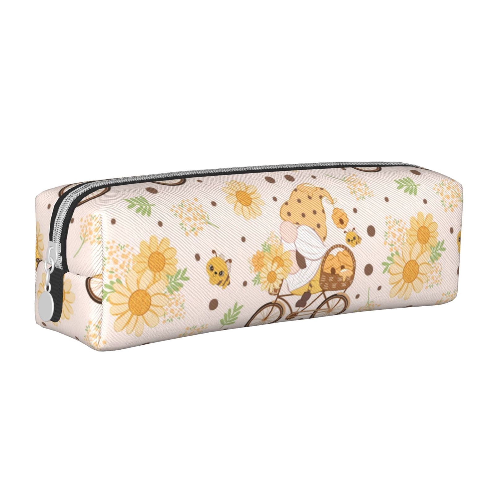 Cauagu Cute Bee Gnome1 Print Leather Pencil Pen Case - Stationery Bag ...