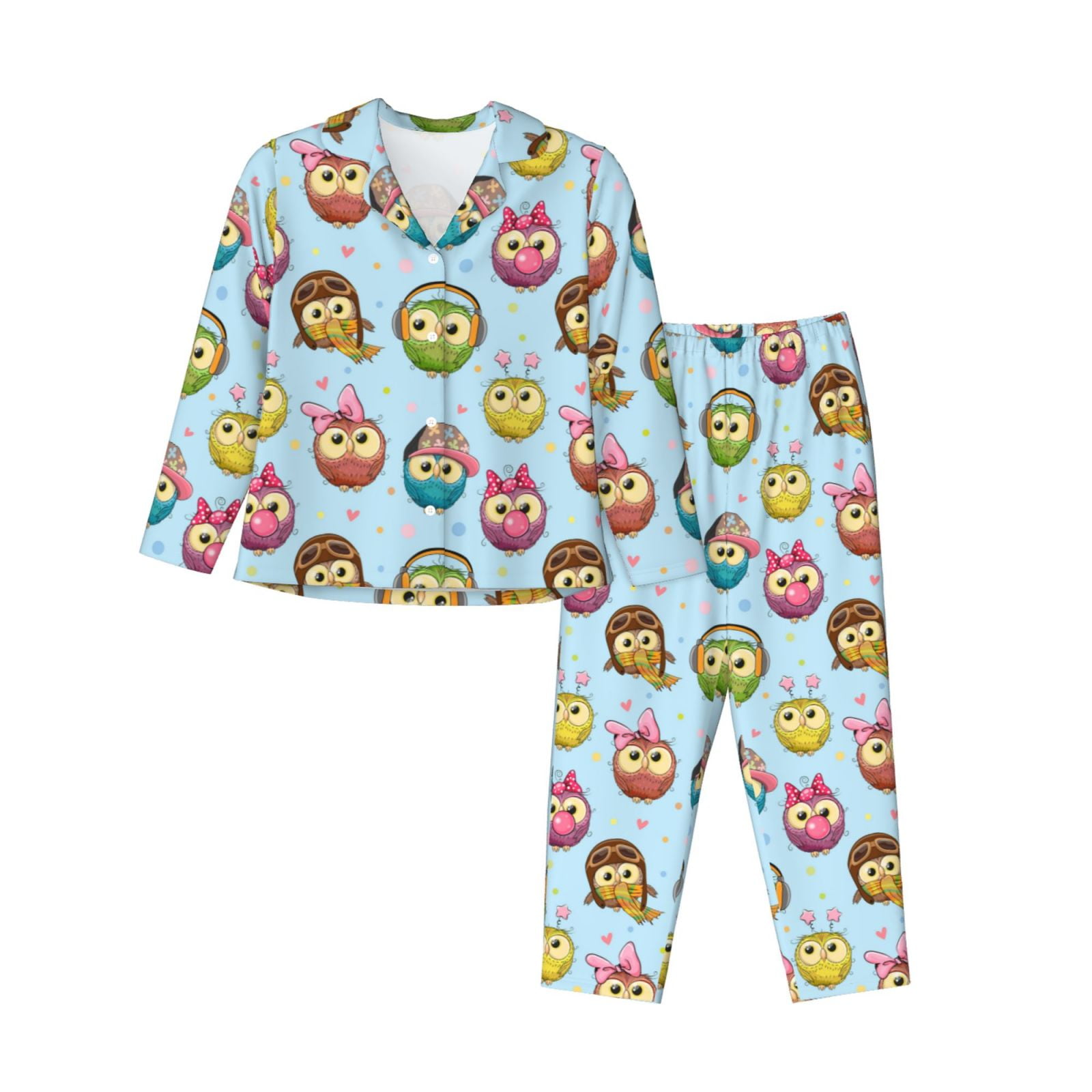 Cauagu Cute Cartoon Owls 3 Print Women's Long-Sleeve Pajamas Set Soft ...