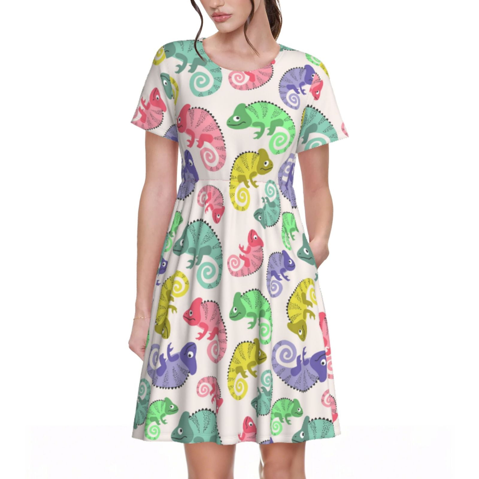 Cauagu Cute Chameleons Print Summer Dresses for Women 2025 Loose Short ...