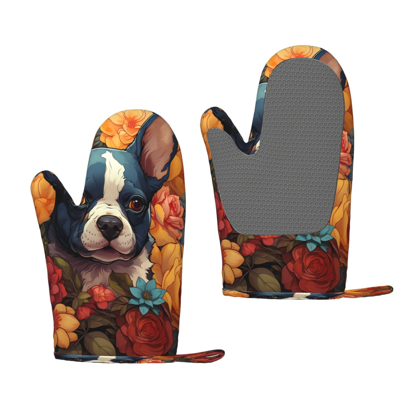 Cauagu Cute Colorful Flower French Bulldog Print Oven Mitts 2 Piece Set ...