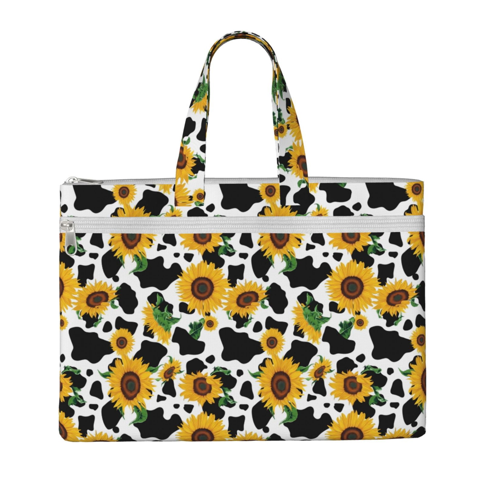 Cauagu Cute Cow Print Sunflower D Pattern Canvas Tote File Bag, Zipper ...