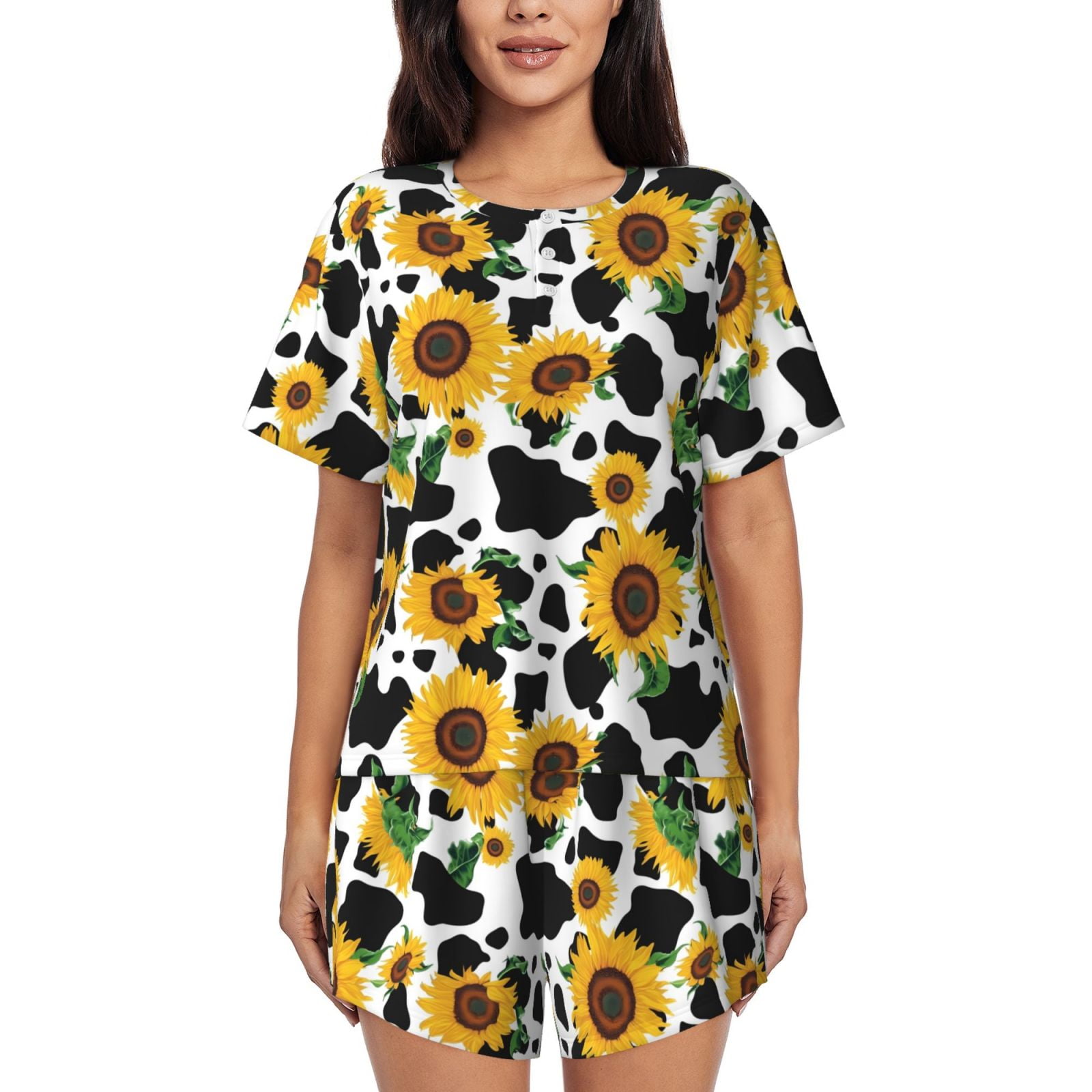 Cauagu Cute Cow Print Sunflower D for Women's Round Neck Pajama Set ...