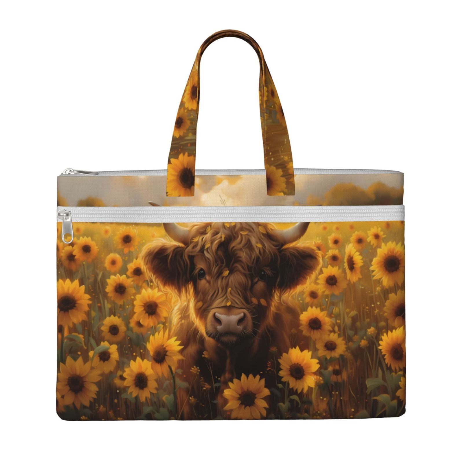 Cauagu Cute Cow Sunflower Field Pattern Canvas Tote File Bag, Zipper ...