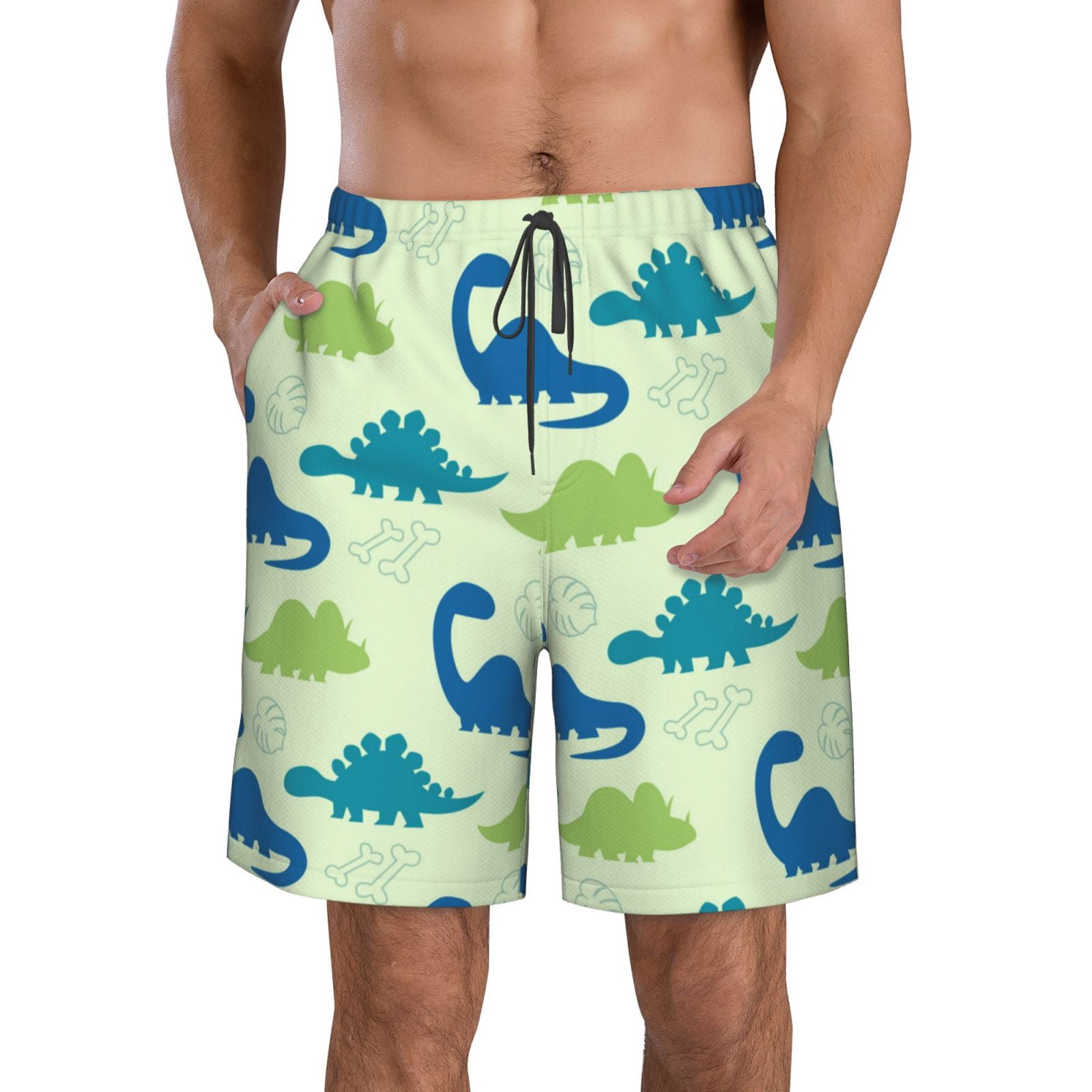 Cauagu Cute Dinosaur Blue Green Print Men's Swim Trunks,Hawaiian ...