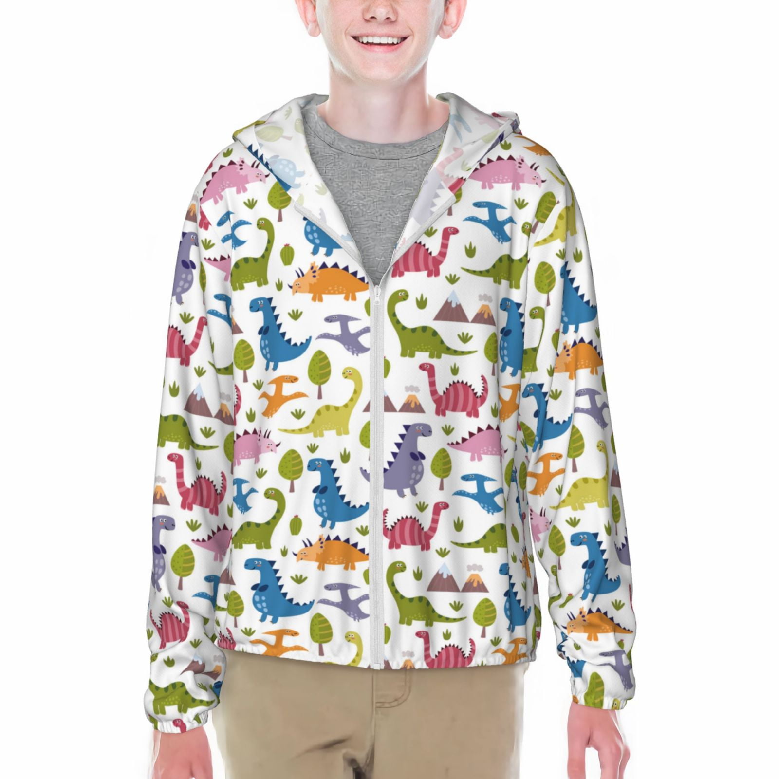Cauagu Cute Dinosaur Print Sun Protection Jacket for Teen,Full-Zipper Long Sleeve Sun Shirts ...