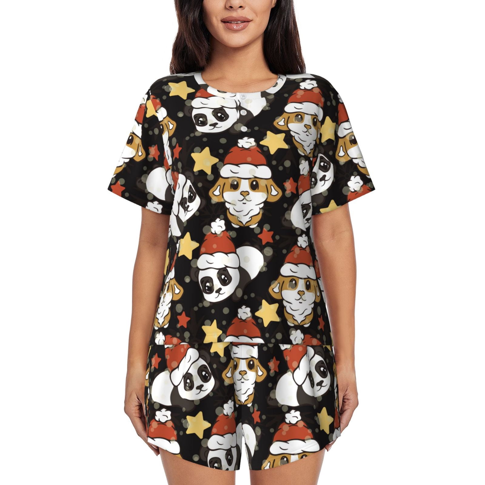 Cauagu Cute Dog Panda for Women's Round Neck Pajama Set,Short-Sleeved ...